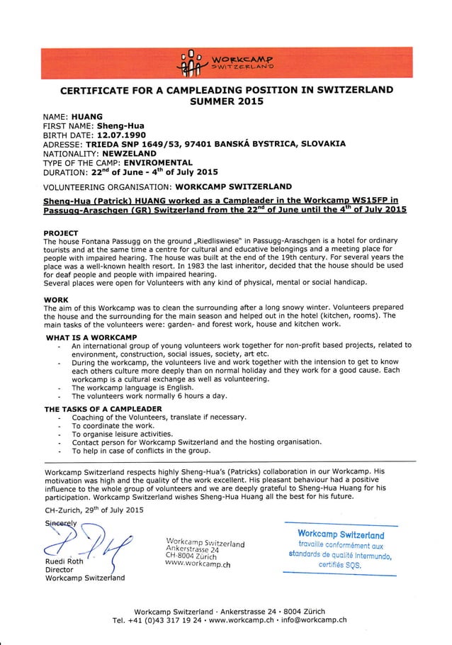 Work-camp - Switzerland WS15FP CL Certificate (Huang) | PDF