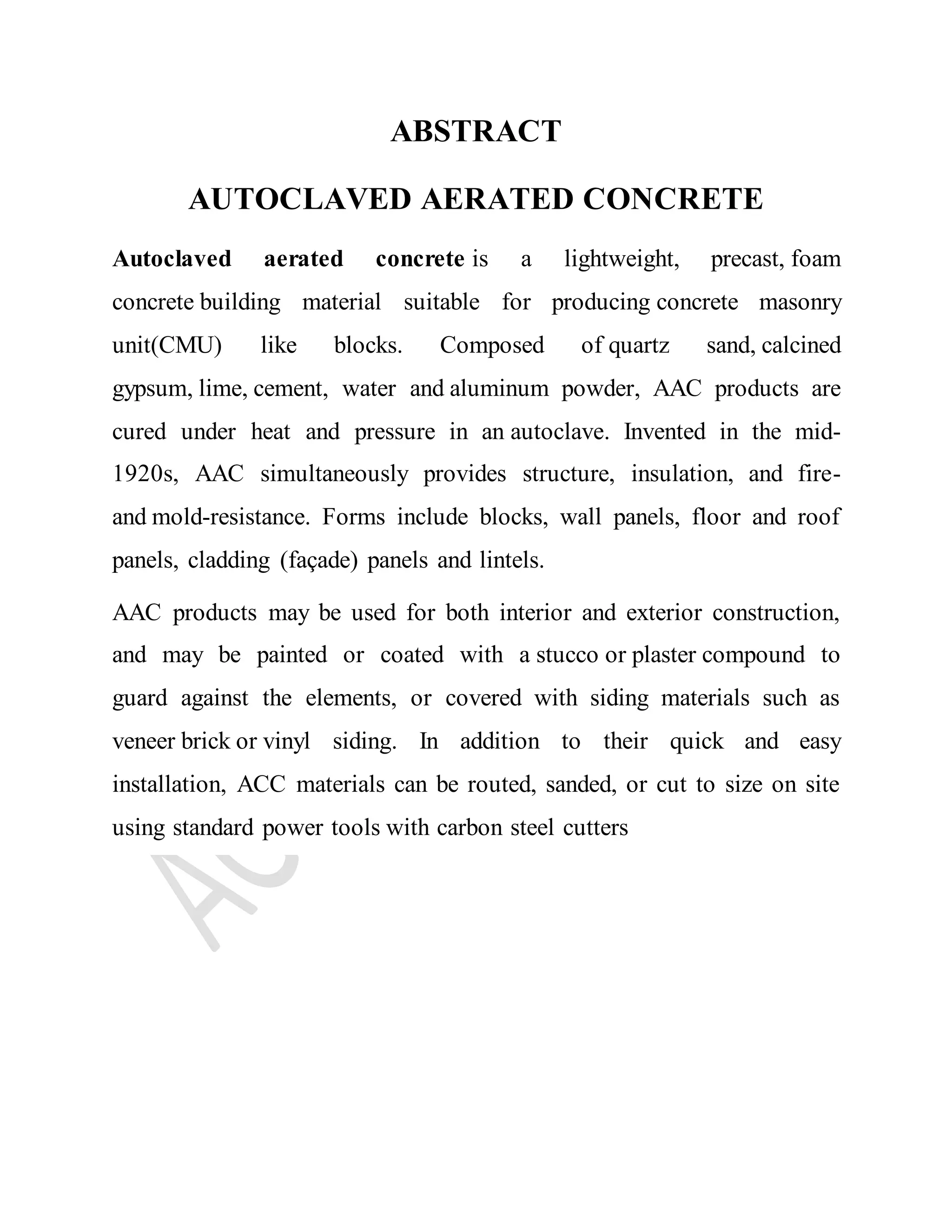 ABSTRACT ON AUTOCLAVED AERATED CONCRETE | DOCX