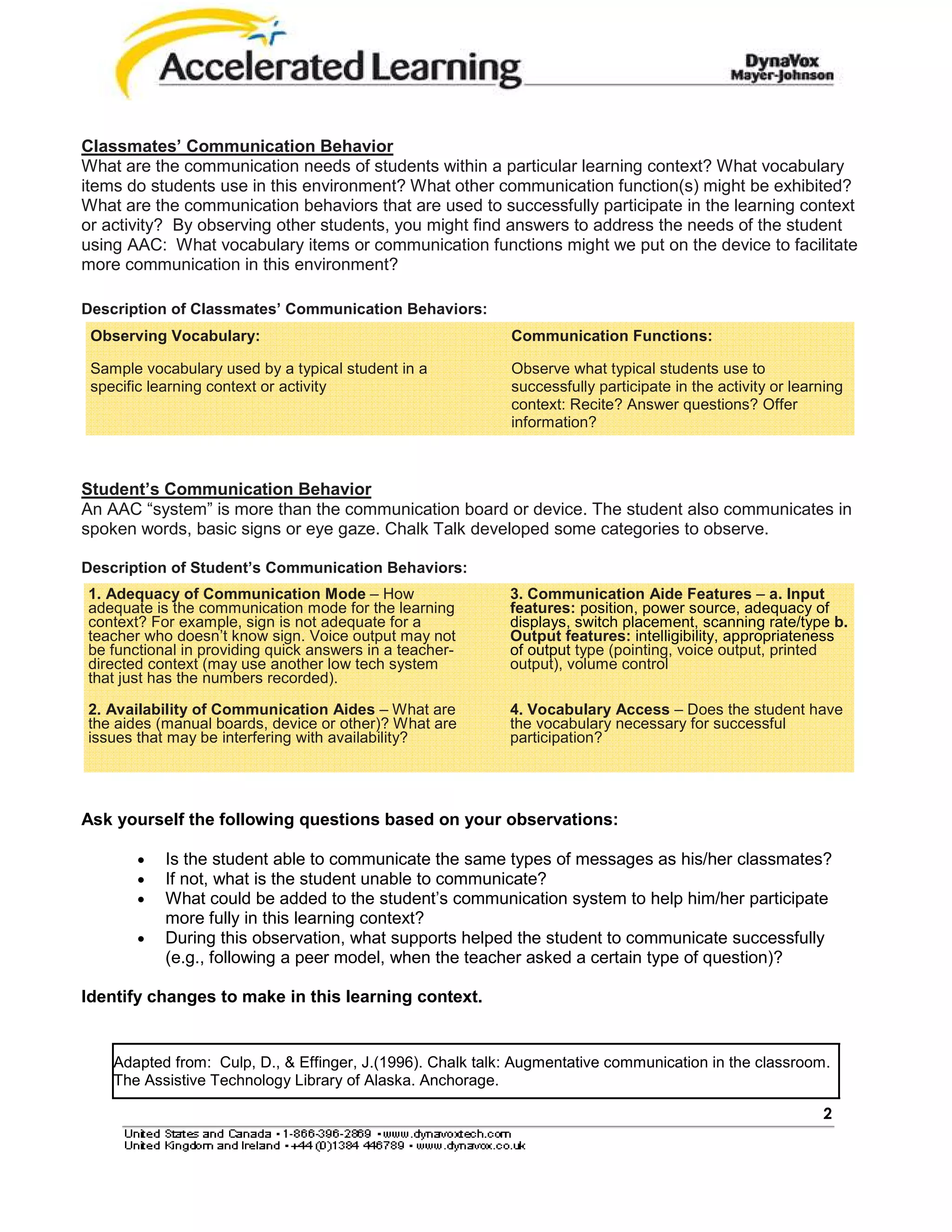 Aac in-classroom---observing-the-classroom-environment | PDF