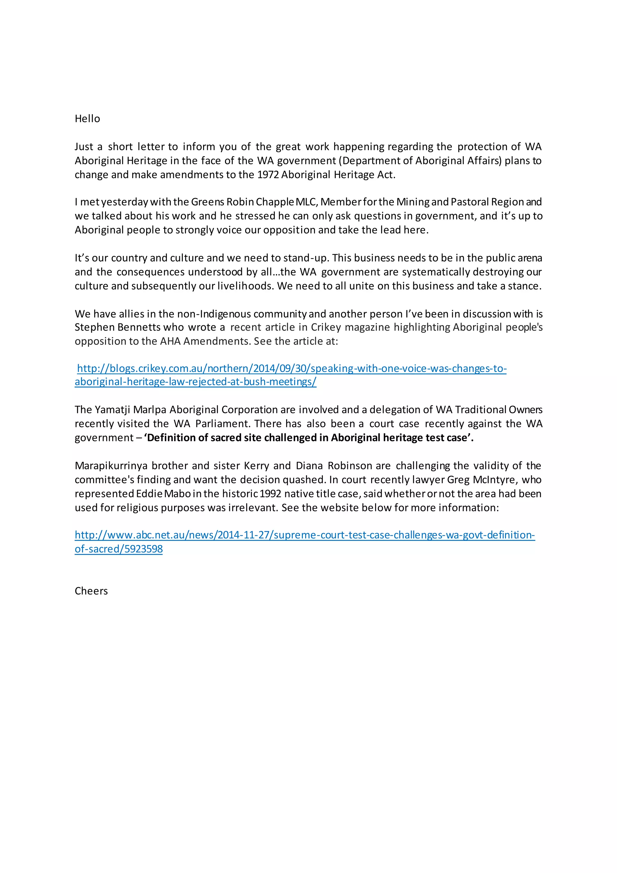 WA Aboriginal Heritage Letter_021214 | DOCX