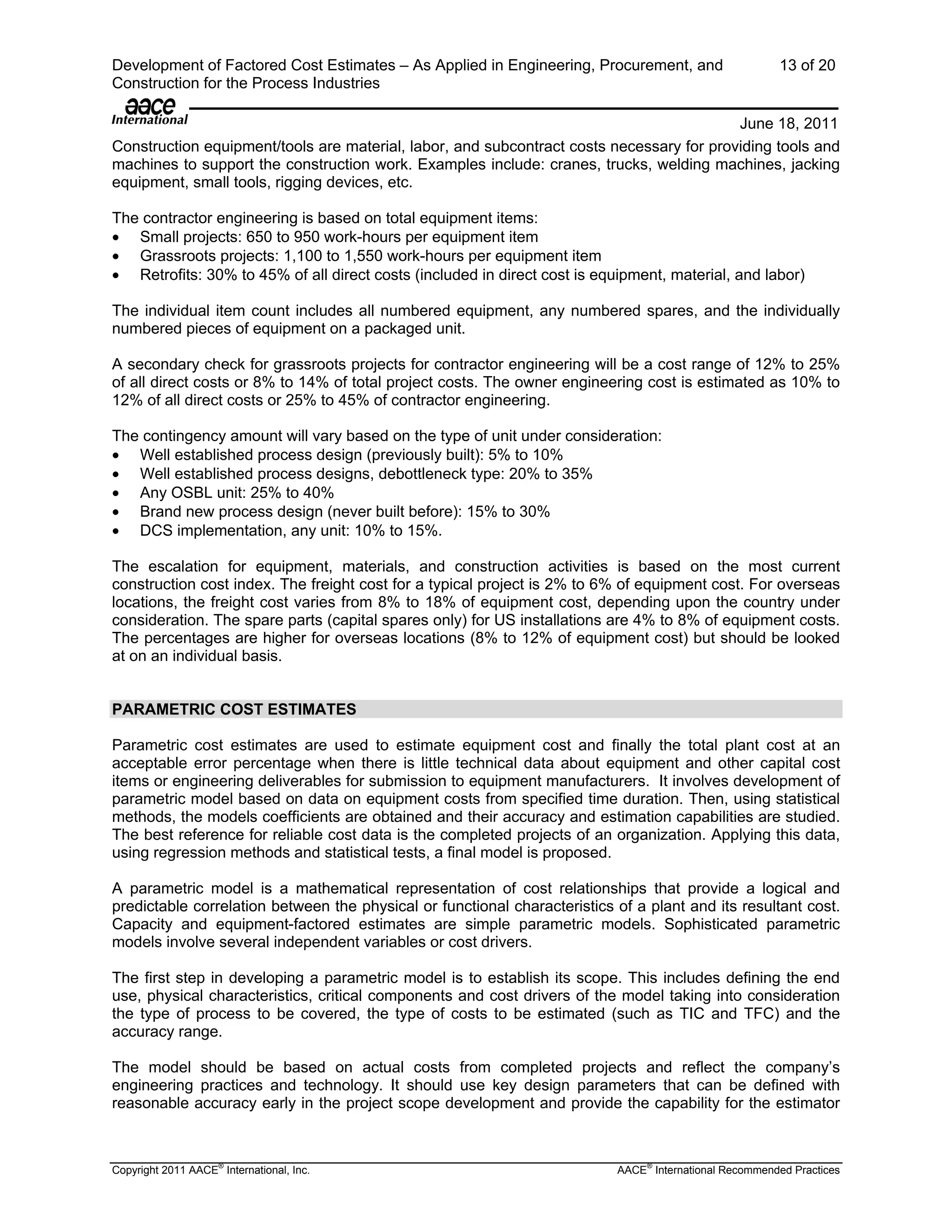 Aace factored cost estimation | PDF