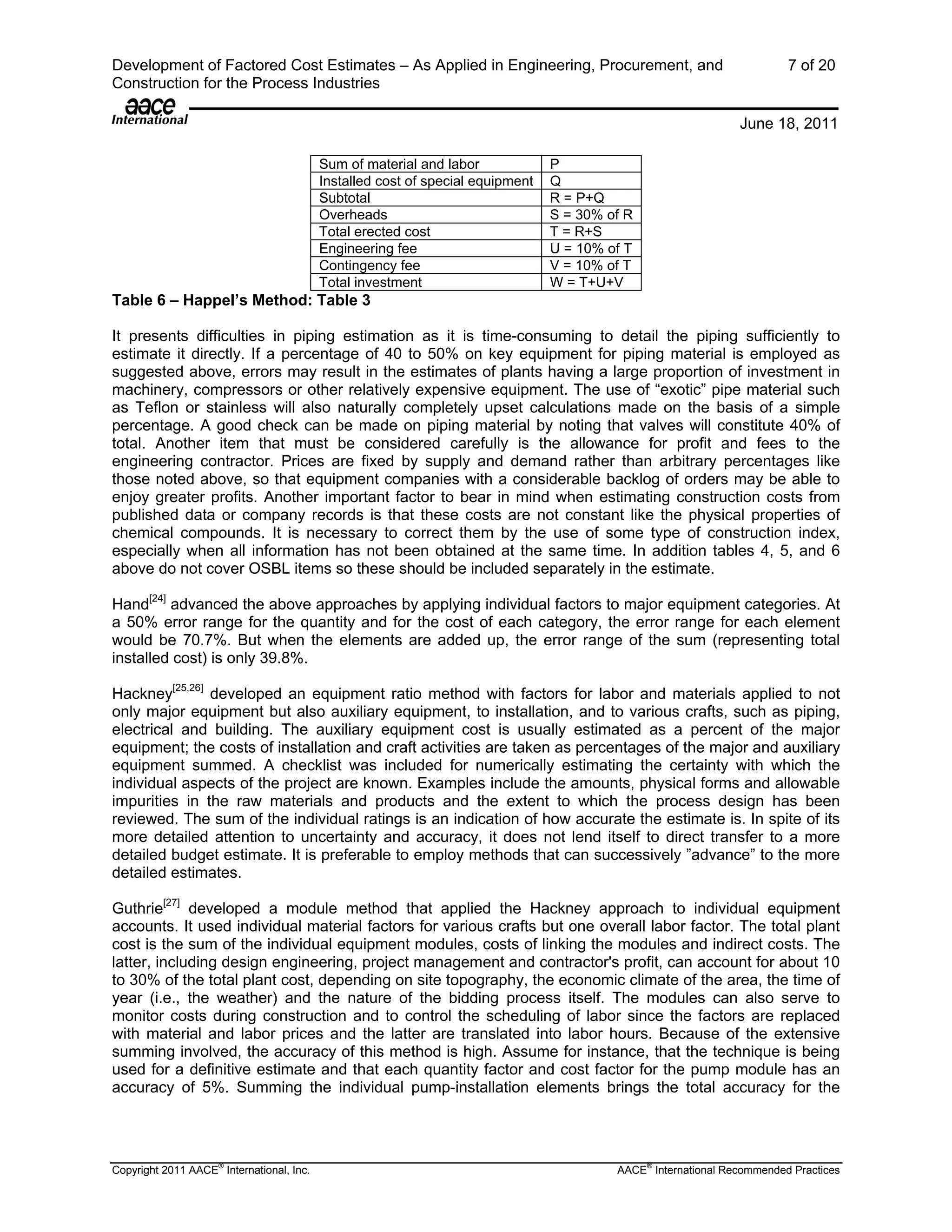 Aace factored cost estimation | PDF