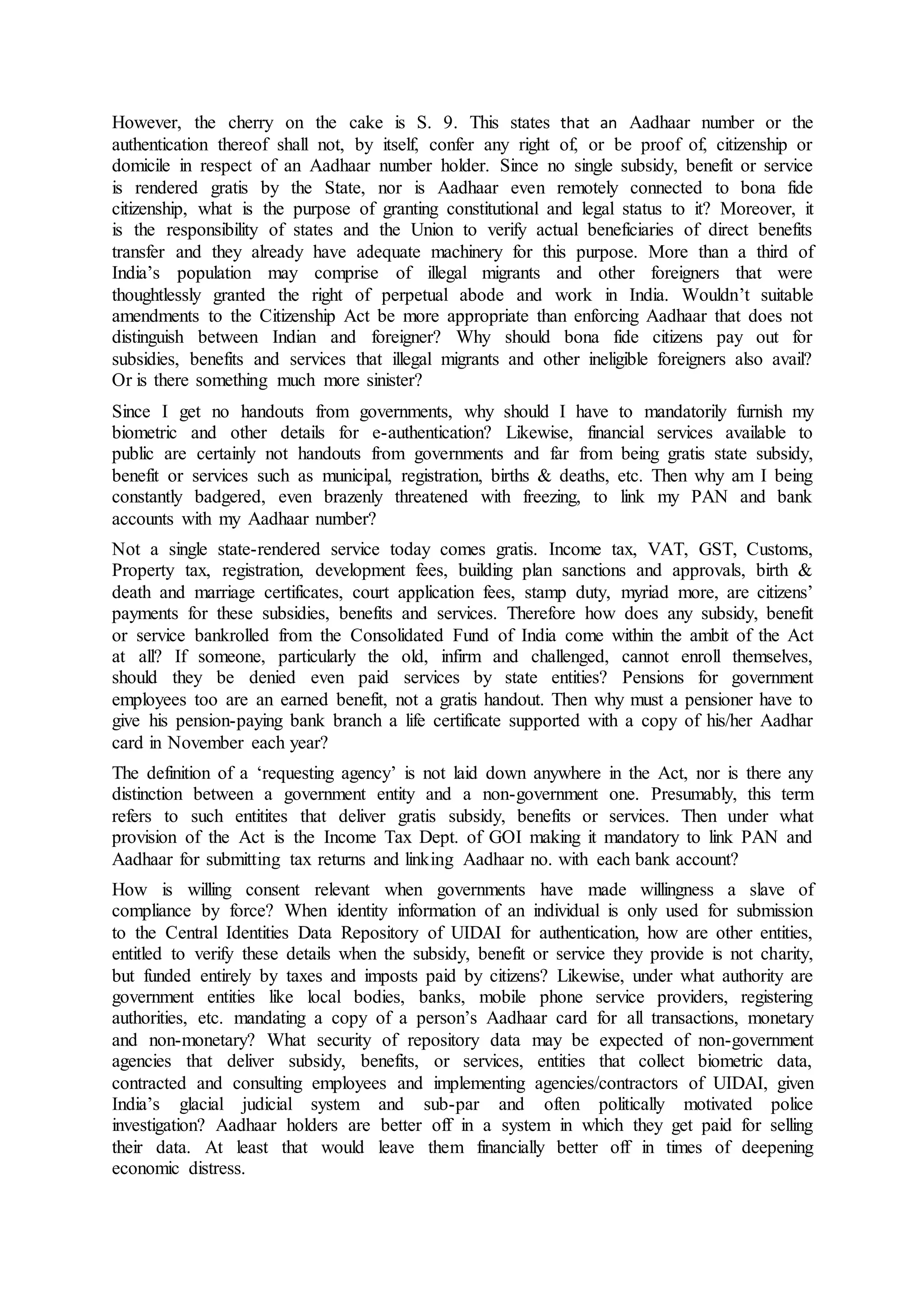 Right to Privacy and the Aadhaar Act, 2016 | DOCX
