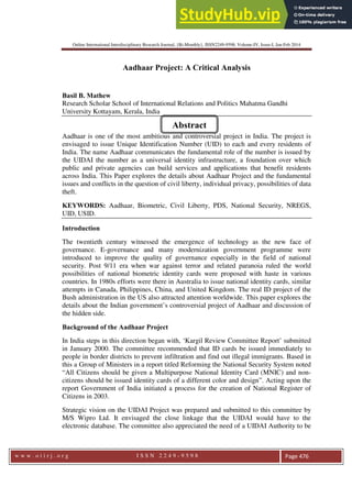 Aadhaar Project A Critical Analysis | PDF | Technology & Computing
