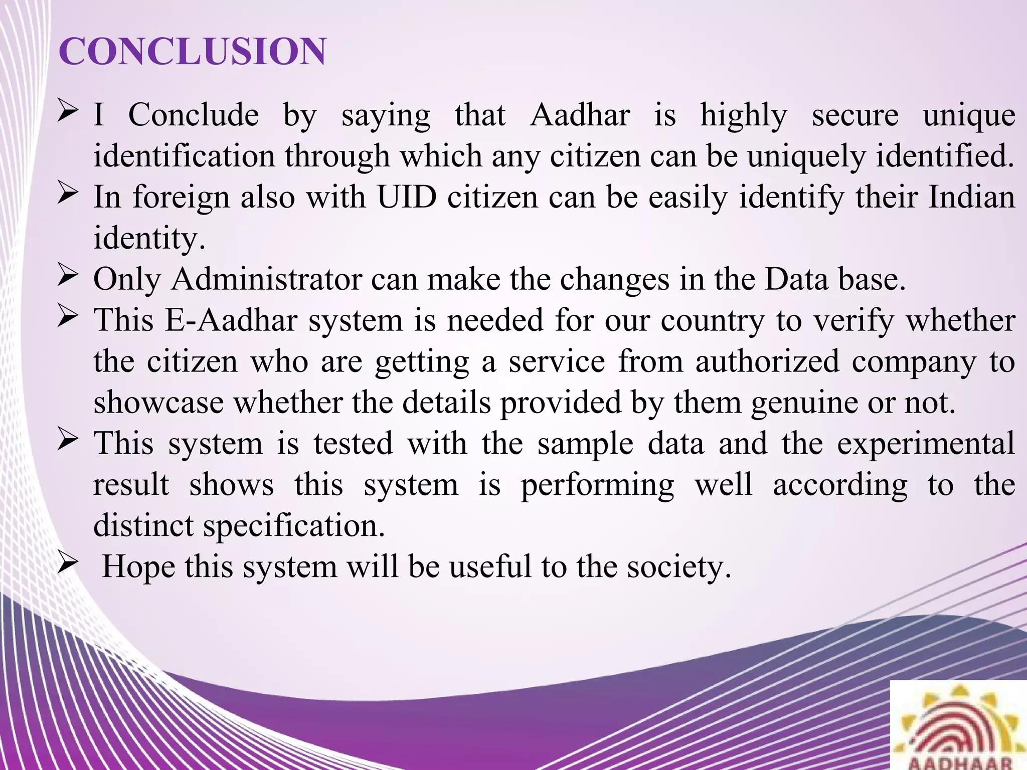 E-AADHAR USING BIOMETRIC | PPT