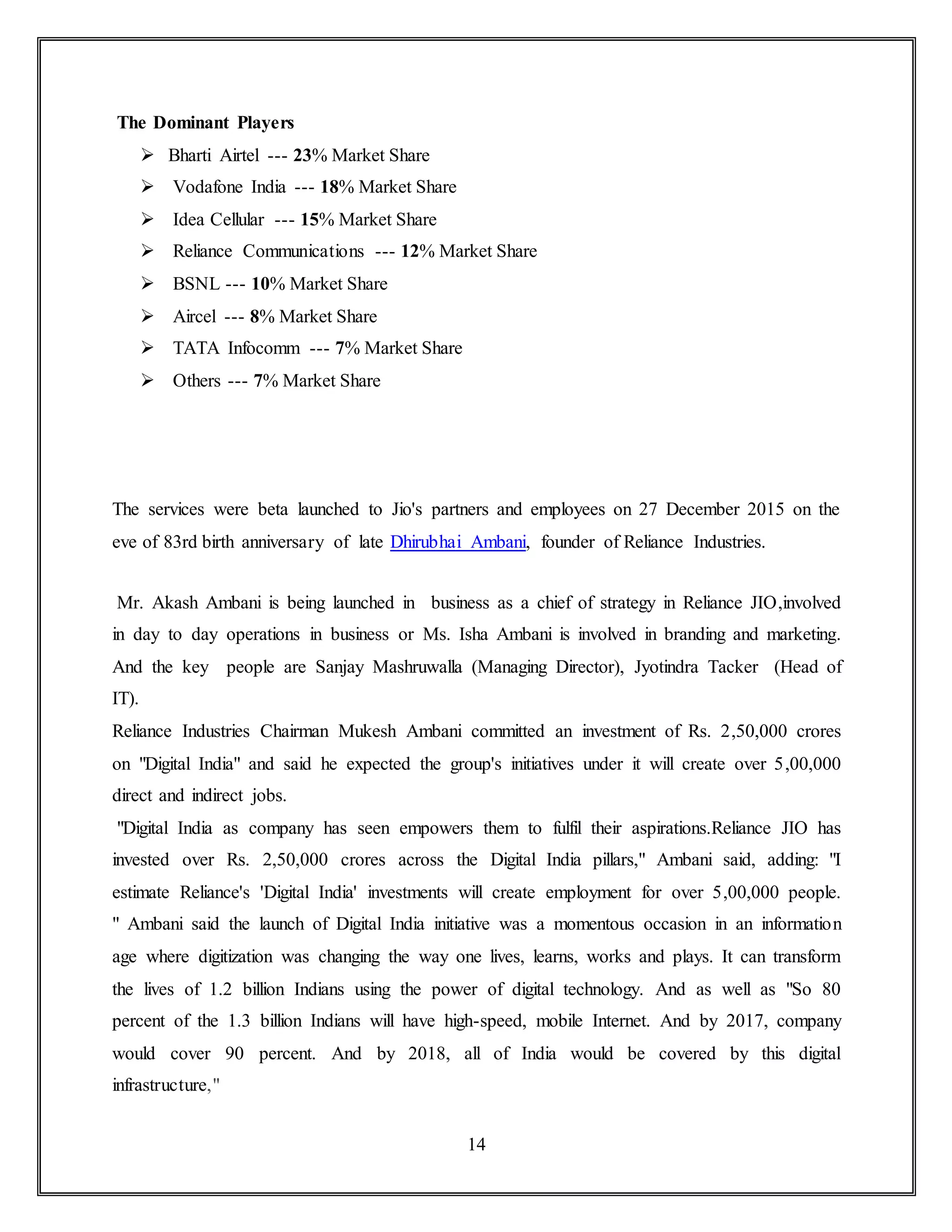 Impact of reliance jio on telecom sector | DOCX | Telecommunications ...