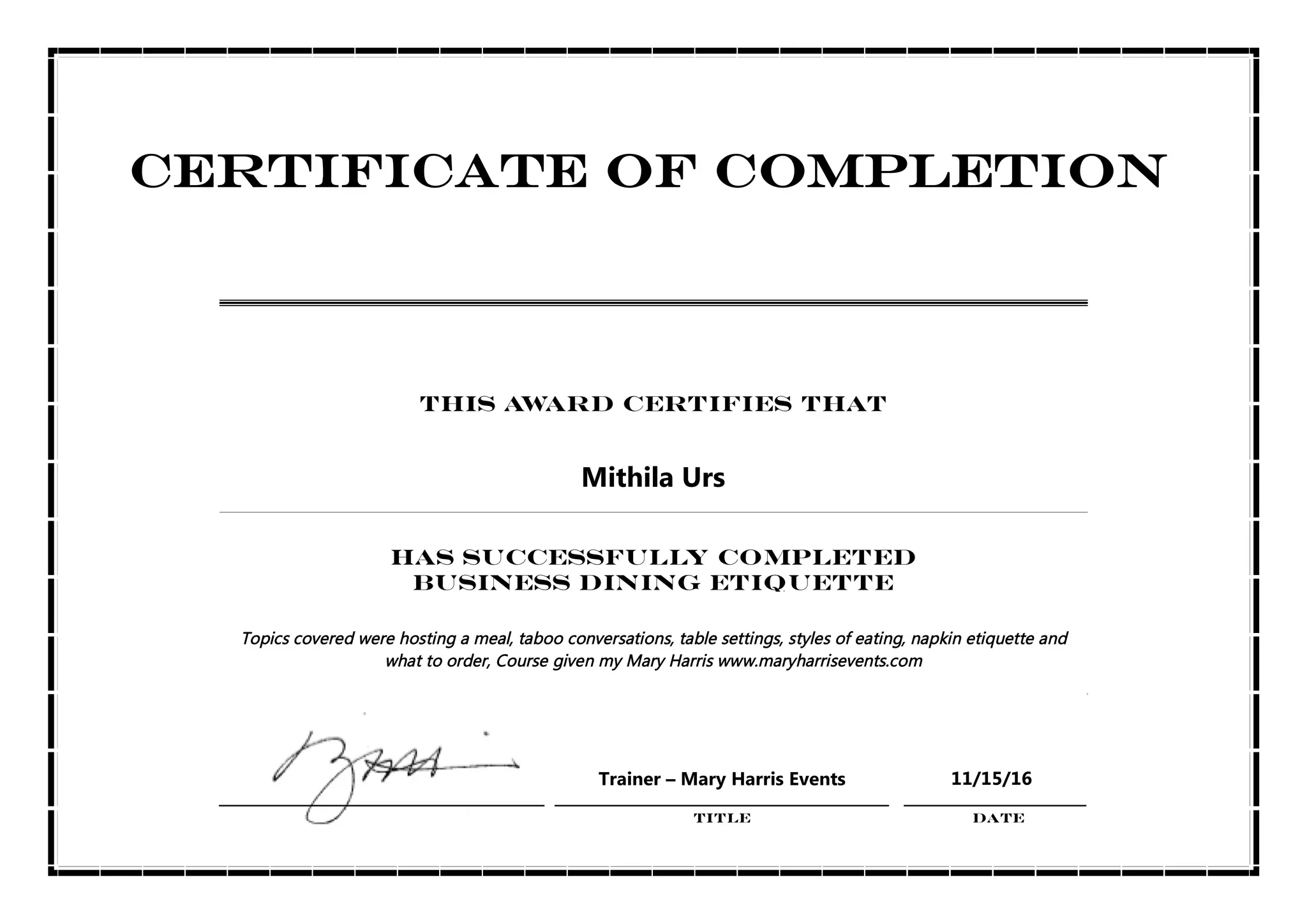 Certificate - Etiquette - Mithila Urs | PPT