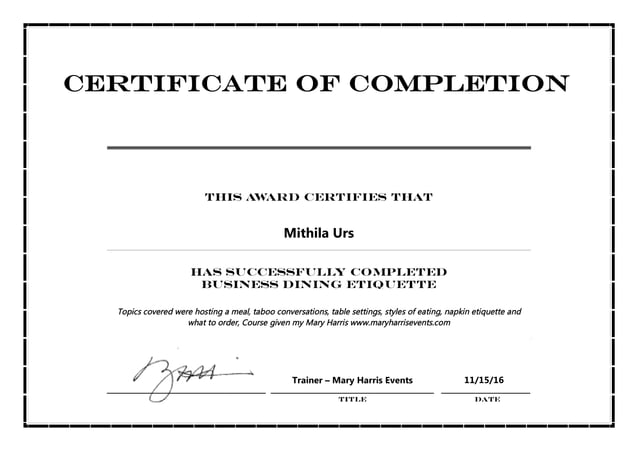 Certificate - Etiquette - Mithila Urs | PDF