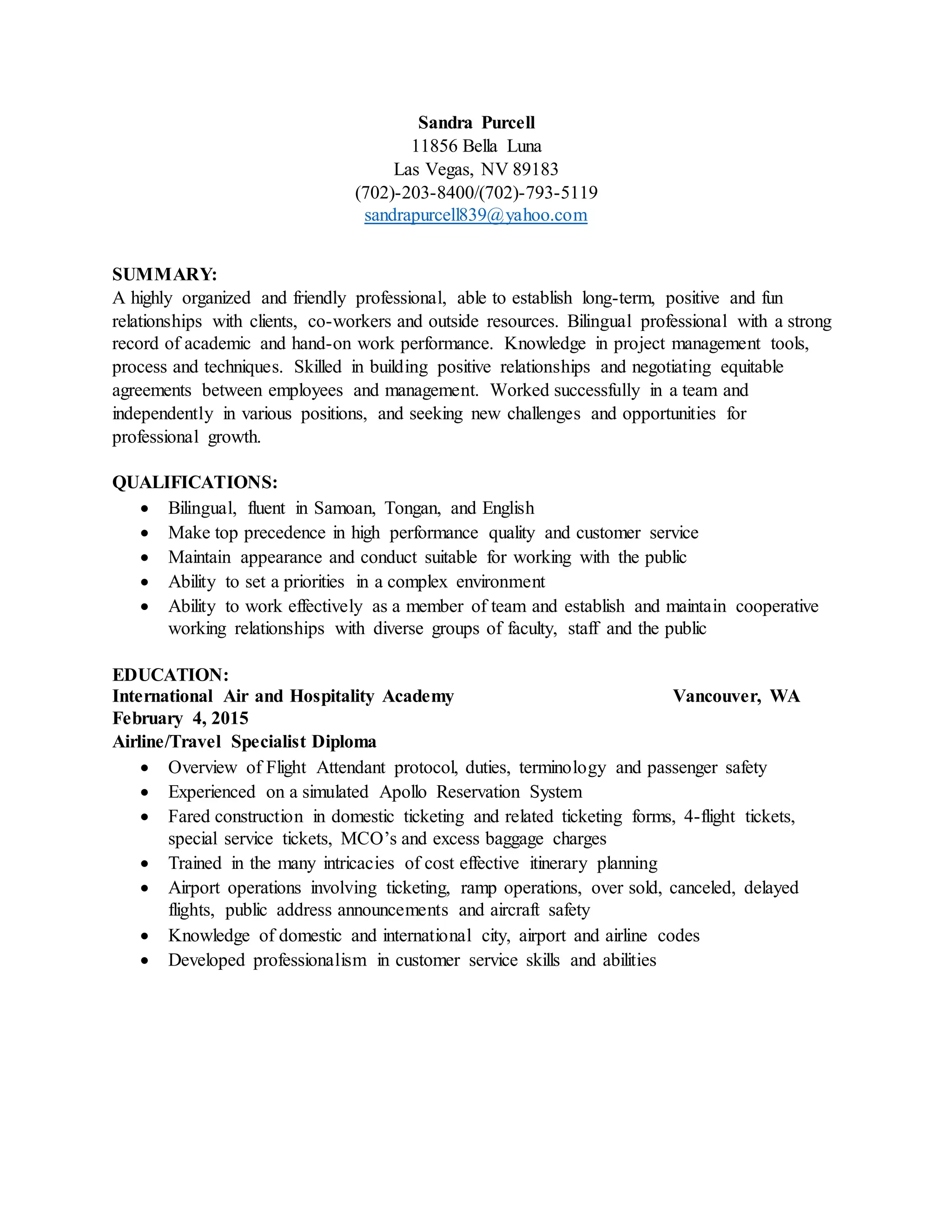 Sandra Purcell Resume 2016 | PDF