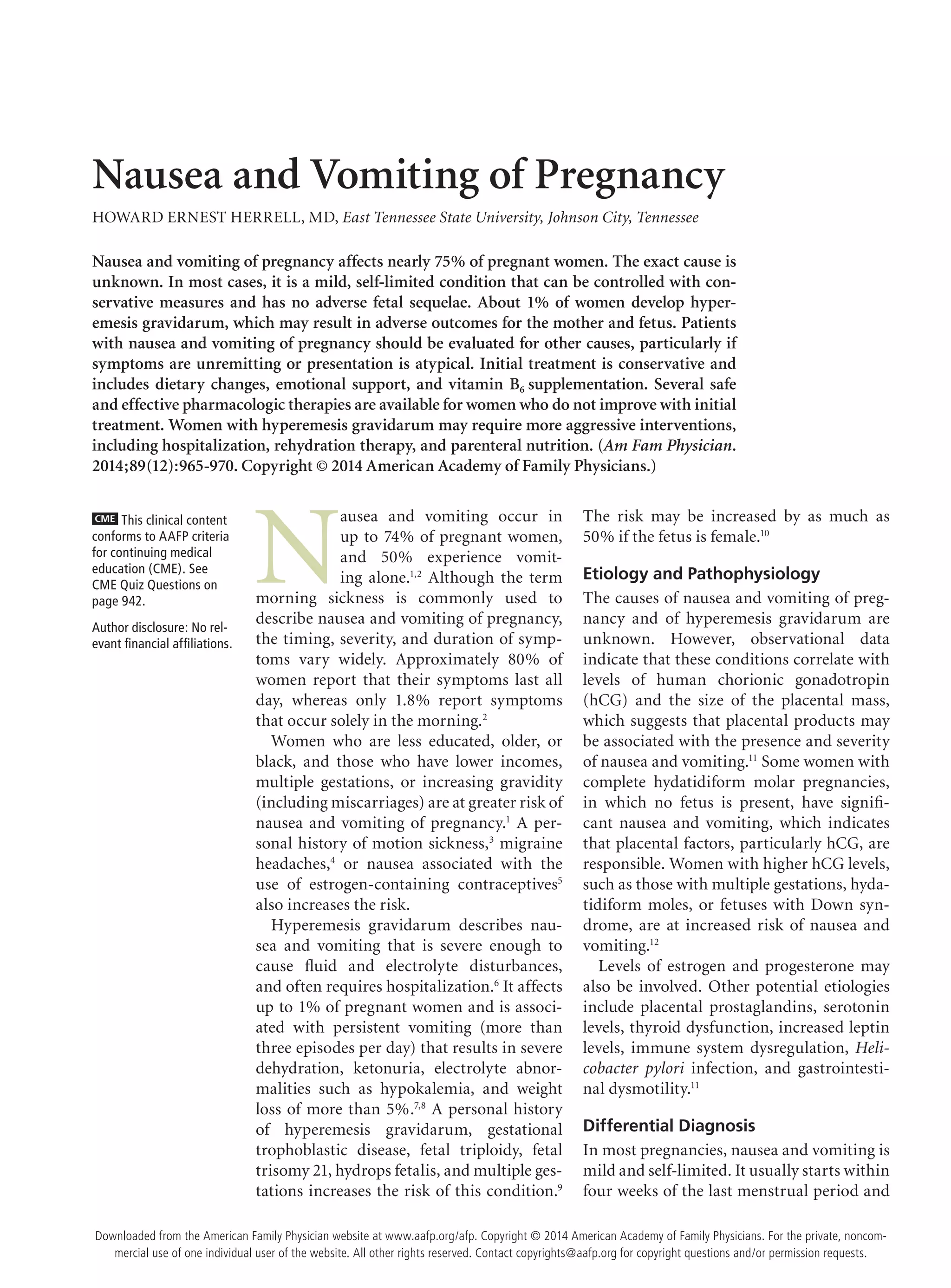 [Aafp2014] nausea and vomiting of pregnancy | PDF