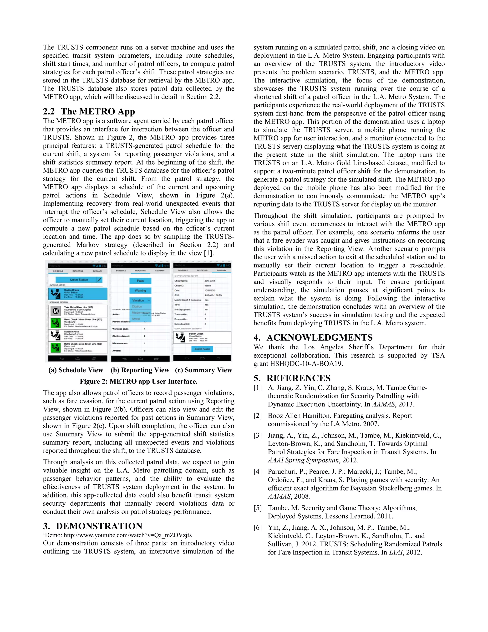 Game-theoretic Patrol Strategies for Transit Systems: the TRUSTS System ...