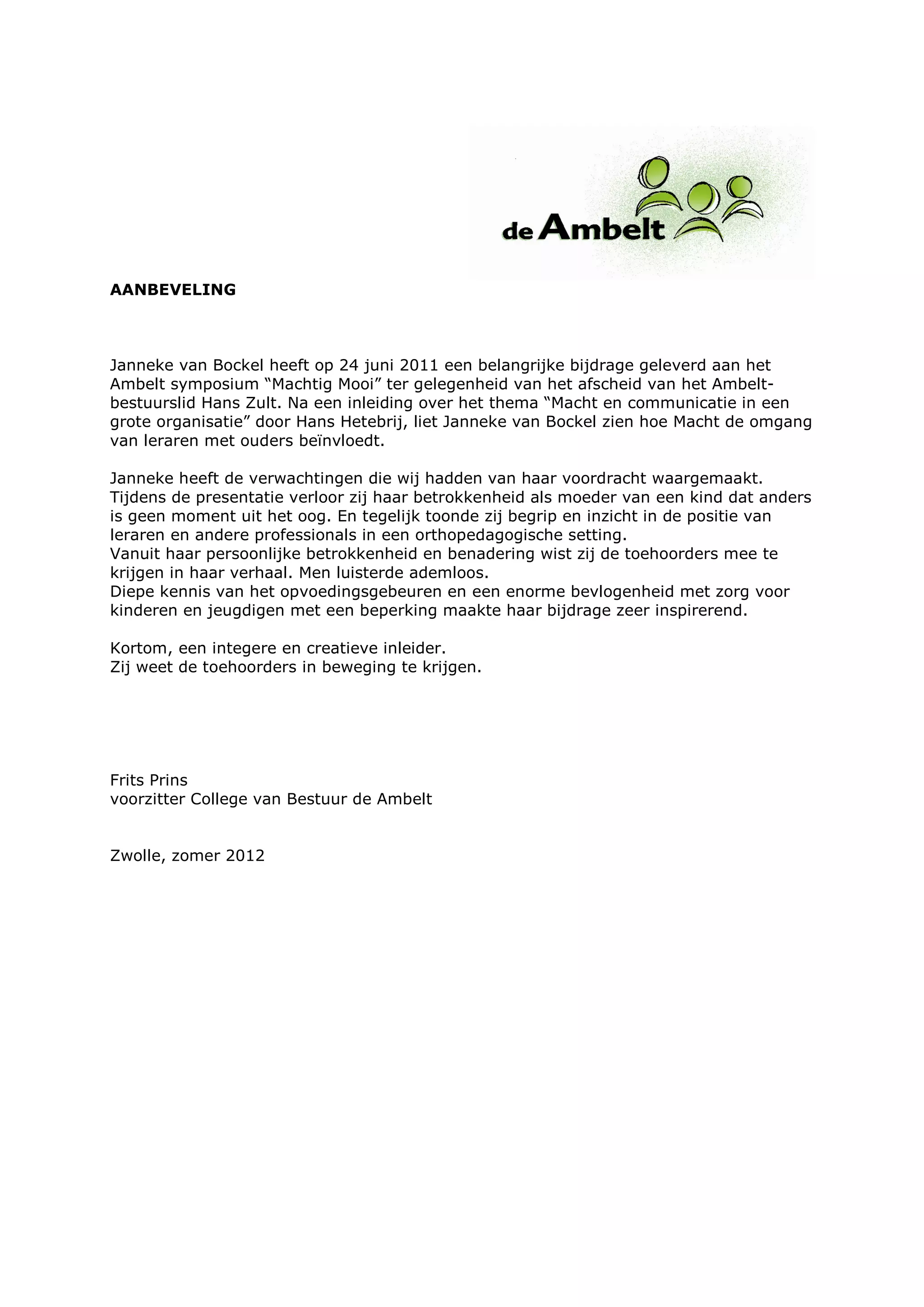 Aanbeveling Frits Prins Ambelt Janneke Van Bockel | PDF