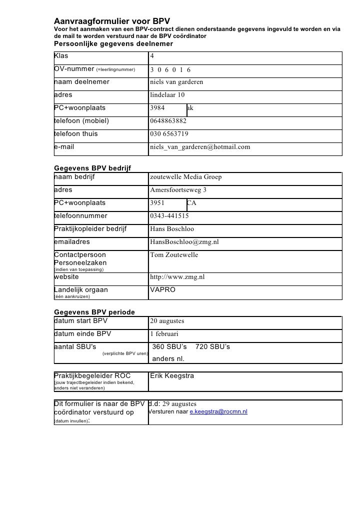 Aanvraagformulier Voor Bpv Mv Ingevuld