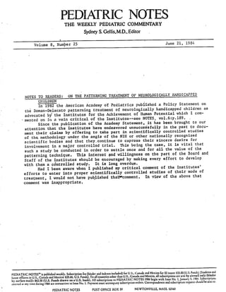 Pediatric Notes, Sydney Gellis, 1984 Note About Doman-Delacato ...