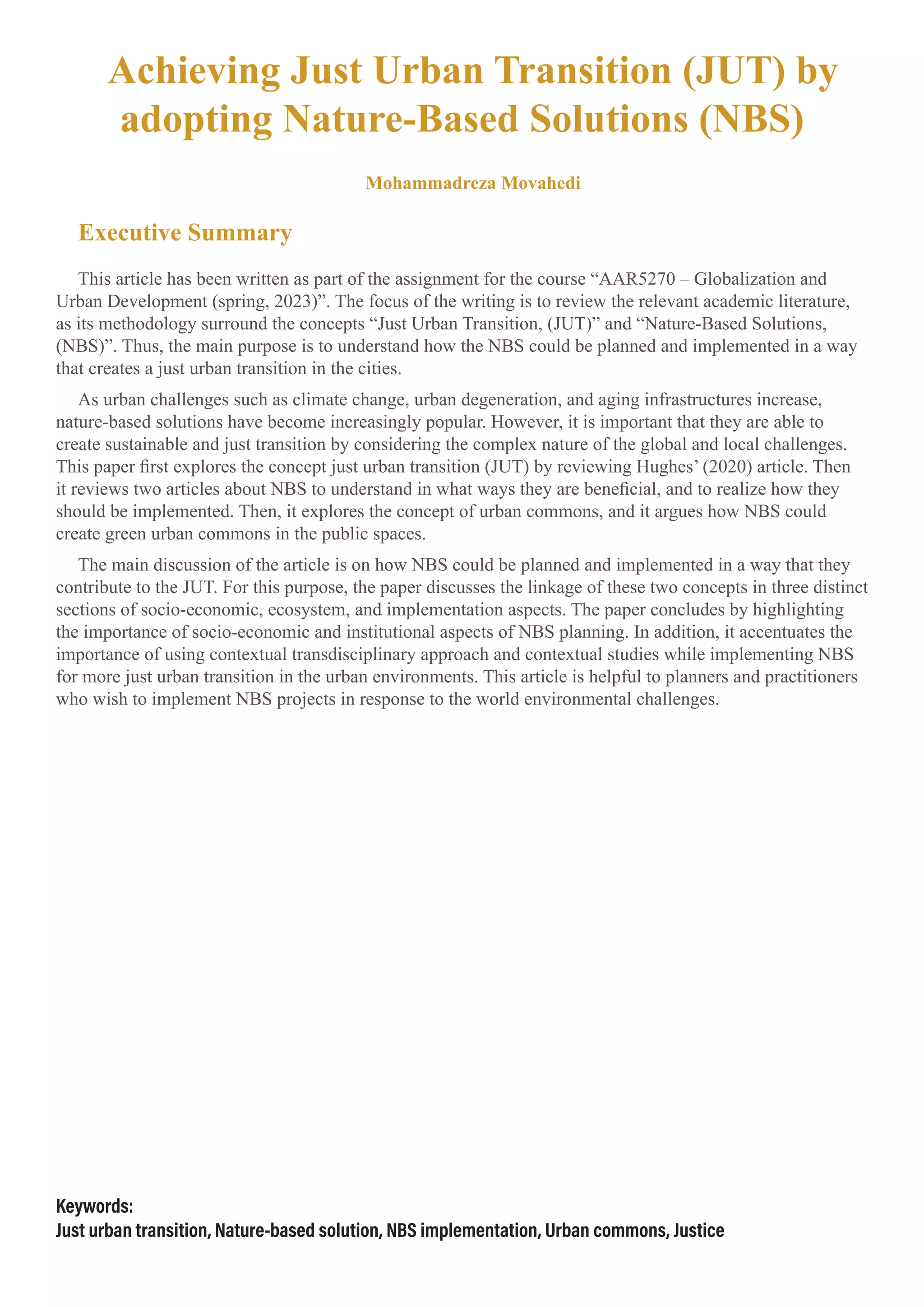 Achieving Just Urban Transition (JUT) by adopting Nature-Based Solutions (NBS) | PDF