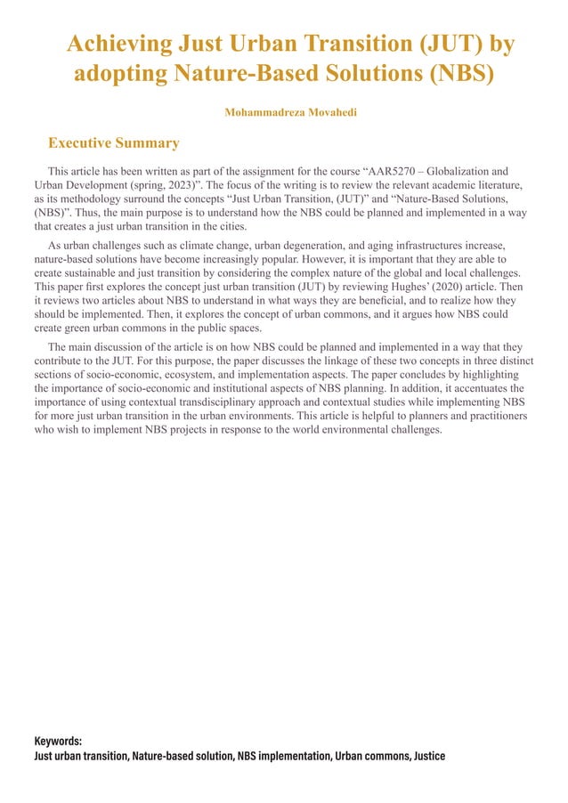 Achieving Just Urban Transition (JUT) by adopting Nature-Based Solutions (NBS) | PDF