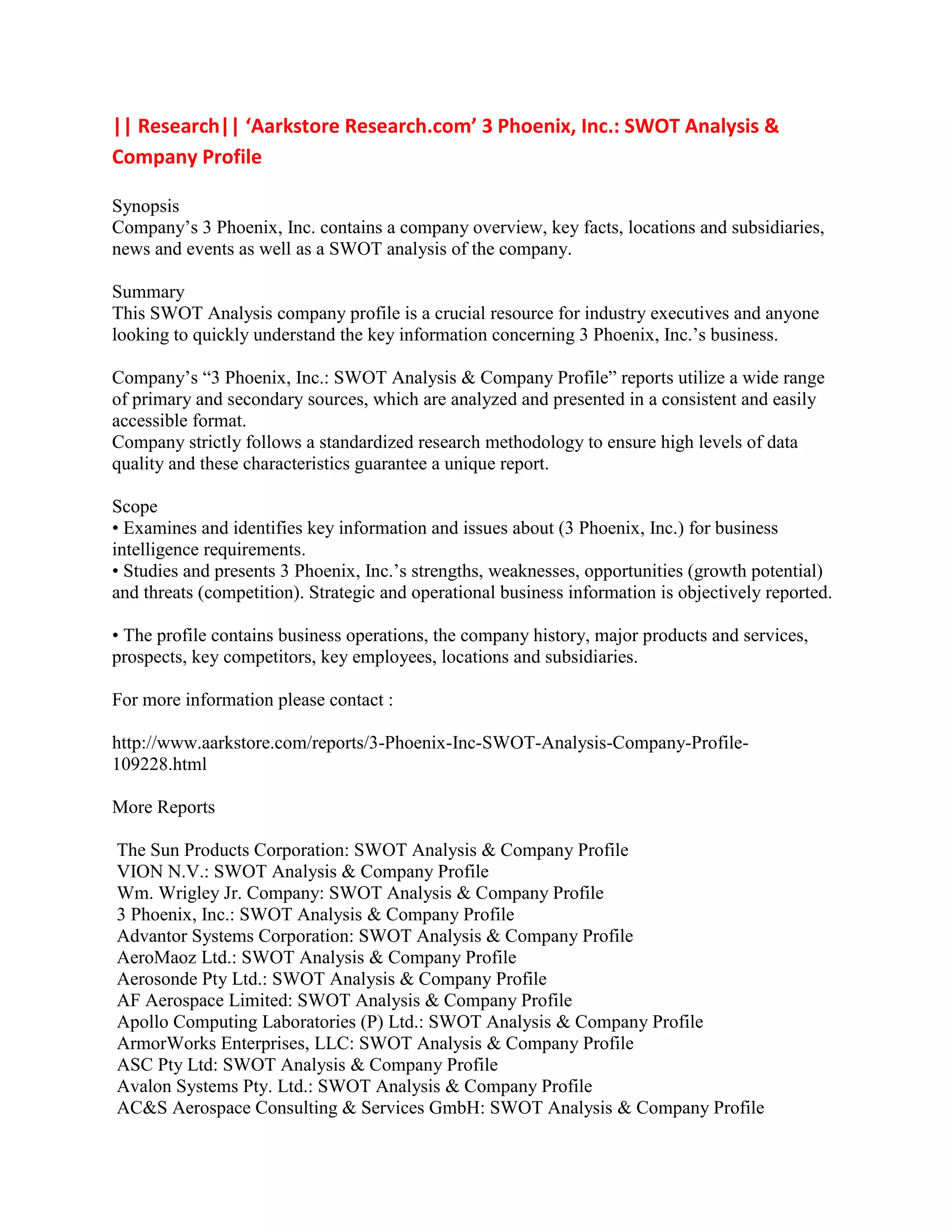‘Aarkstore research.com’ 3 phoenix, inc. swot analysis & company ...