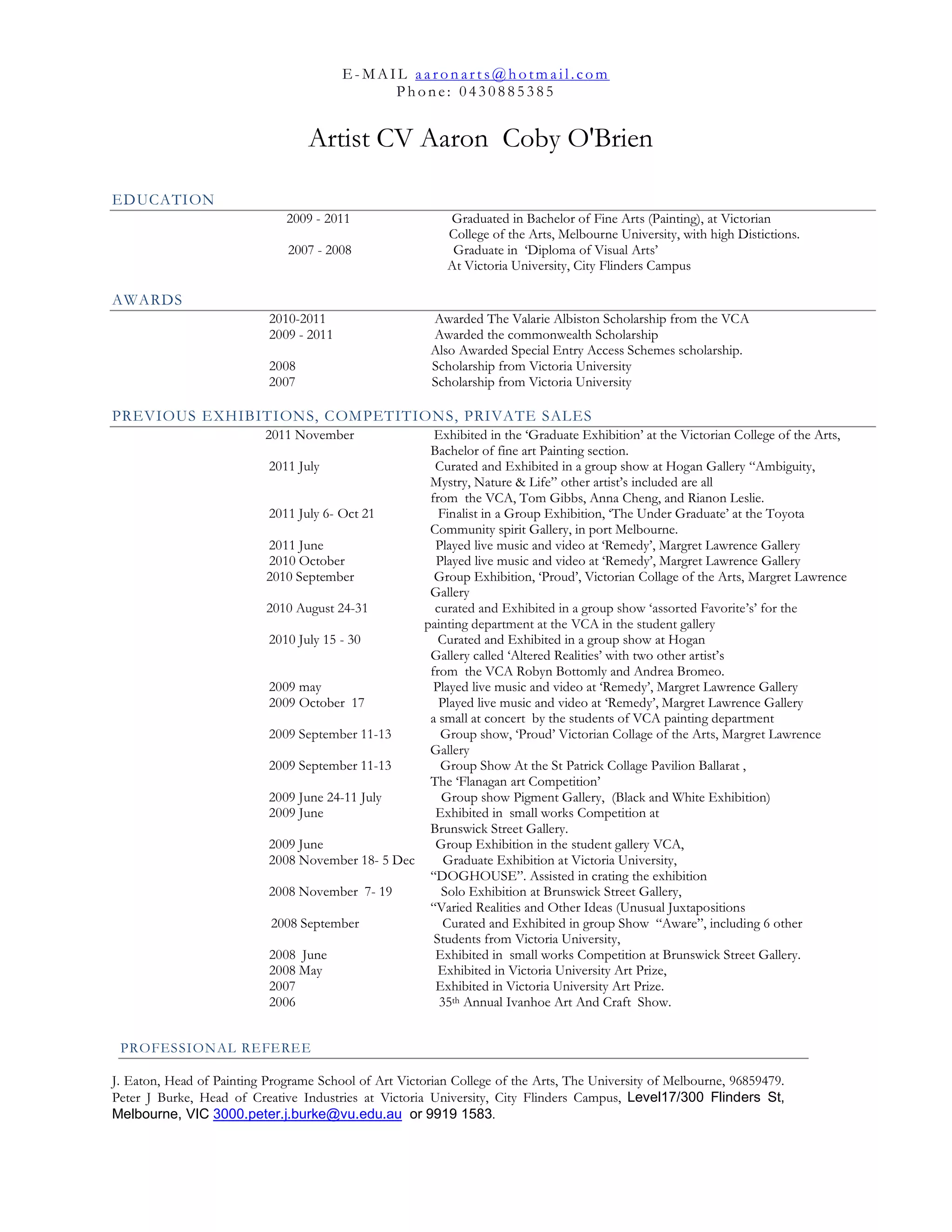 Aaron Obrien Artist Cv Updated , Statement, Bio Updated | PDF | Design | Fine Art