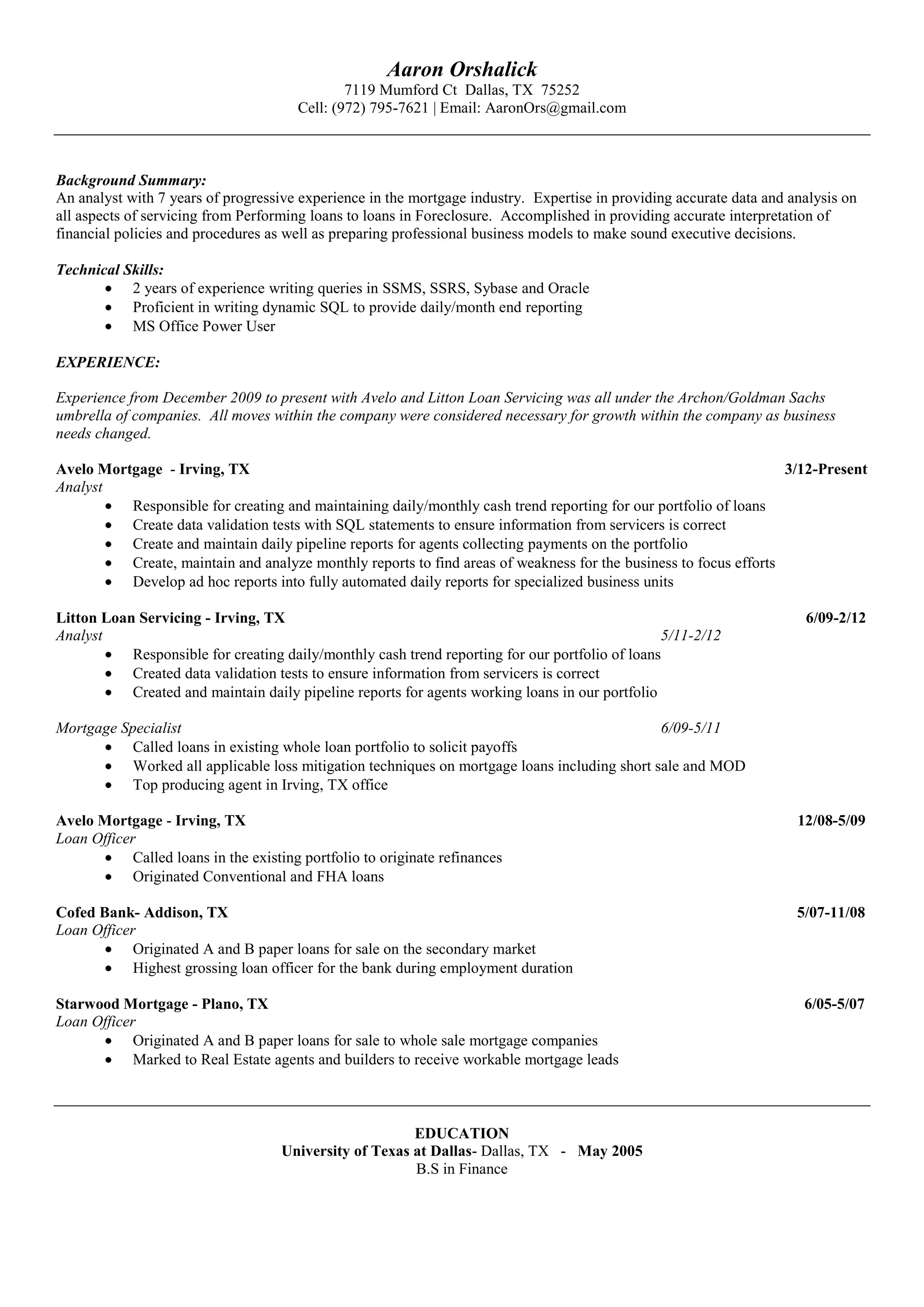 Aaron Orshalick Resume (Analyst) | DOCX