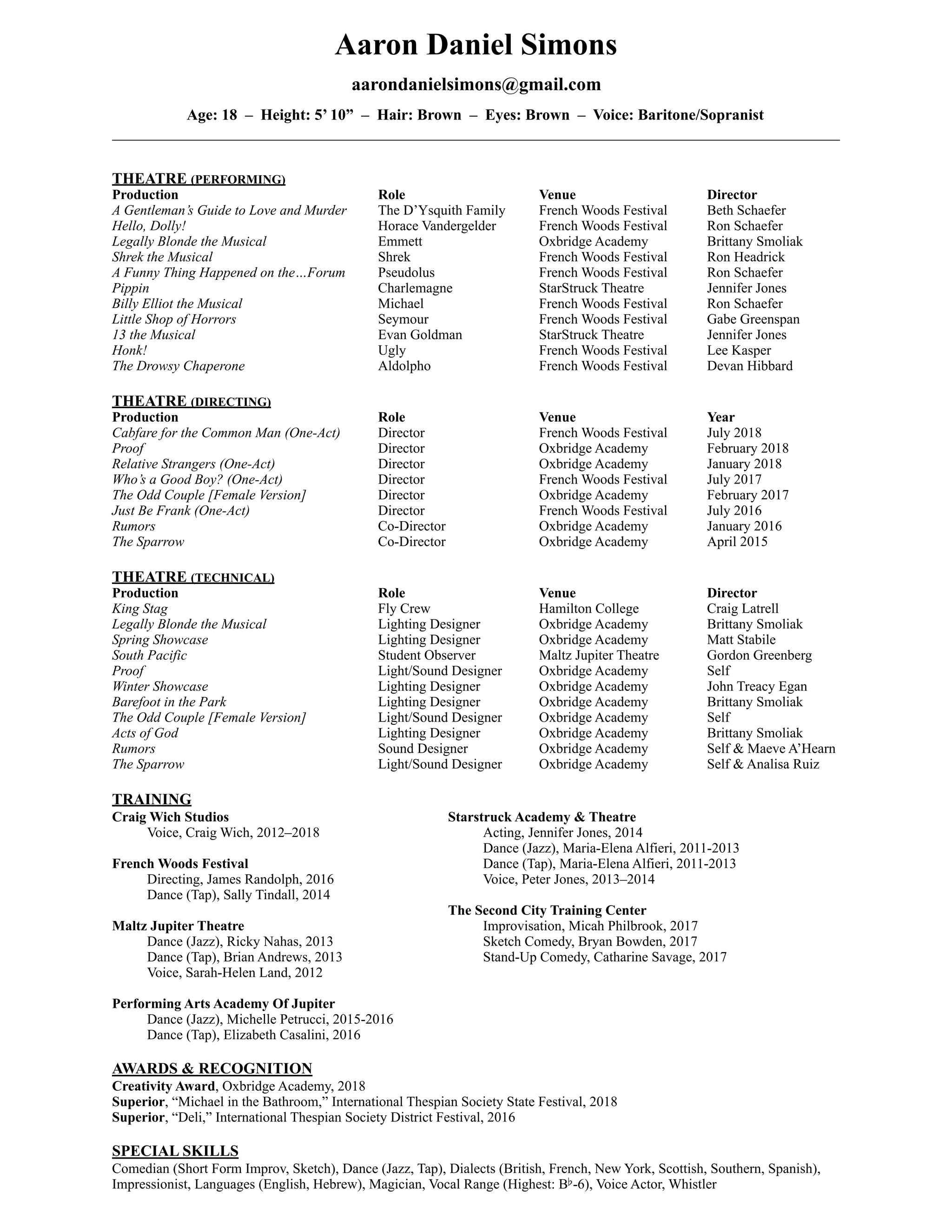 Aaron Daniel Simons Theatrical Resume | PDF