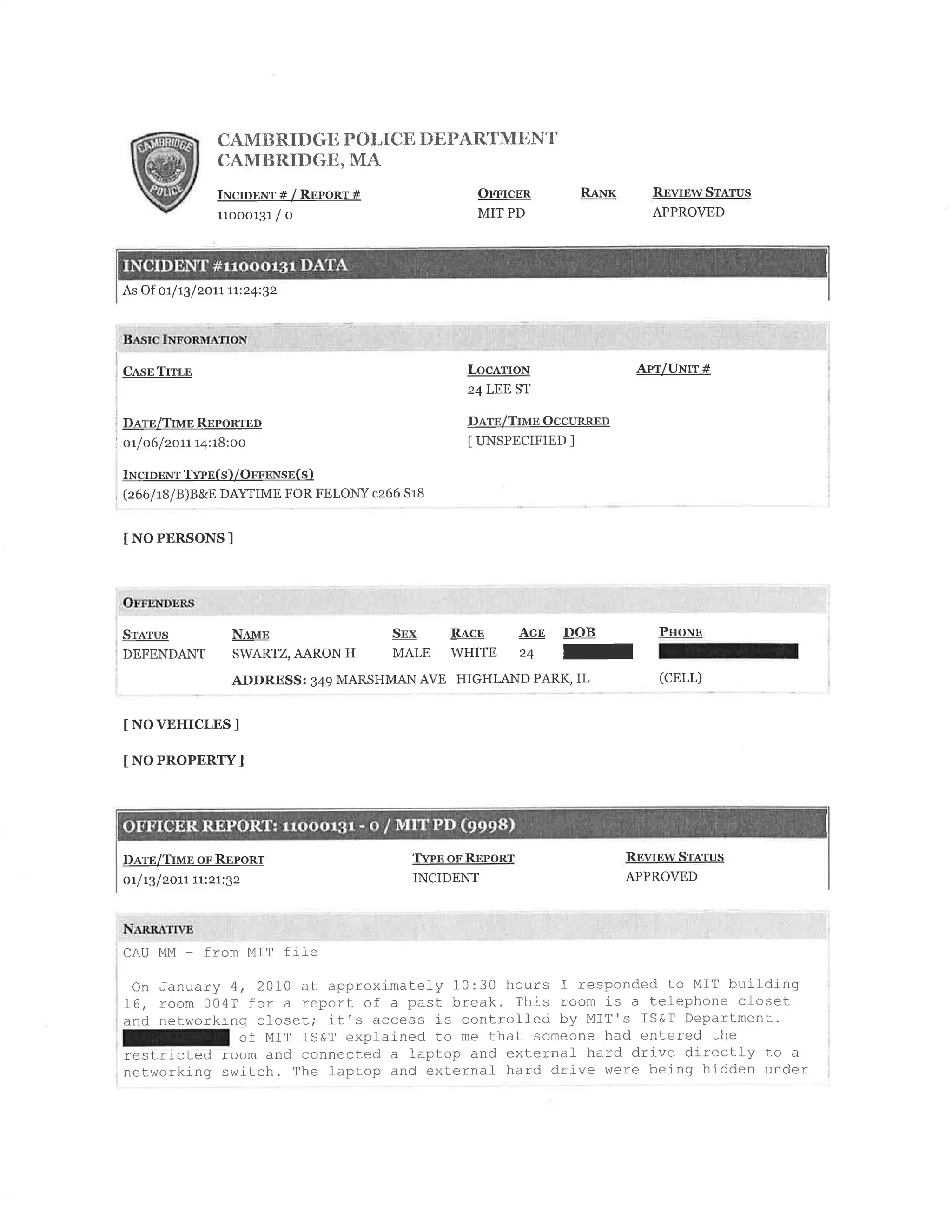 Aaron Swartz Cambridge Police Report | PDF