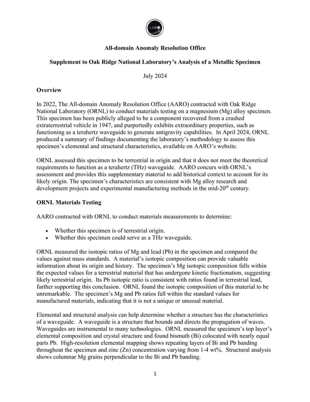 All-domain Anomaly Resolution Office Supplement to Oak Ridge National ...