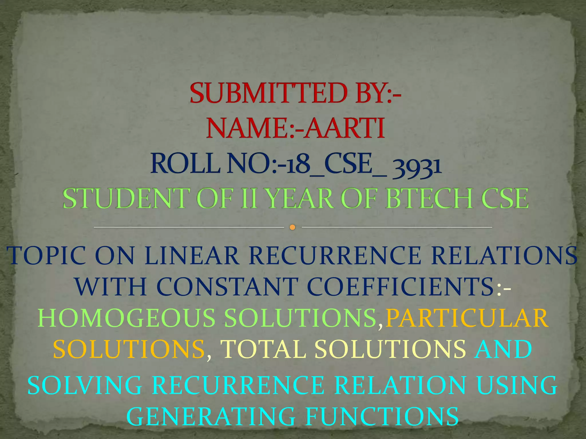 Linear Recurrence Relations With Constant Coefficients Pptx