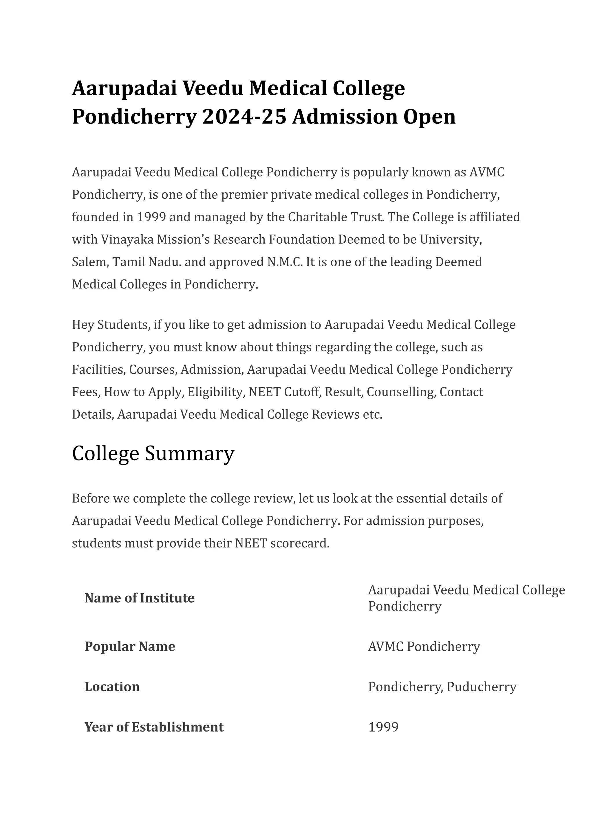 Aarupadai Veedu Medical College Pondicherry 2024 Admission Open | DOCX