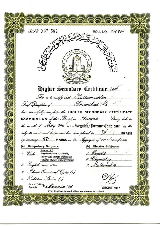 Certificate (HSC) | PDF
