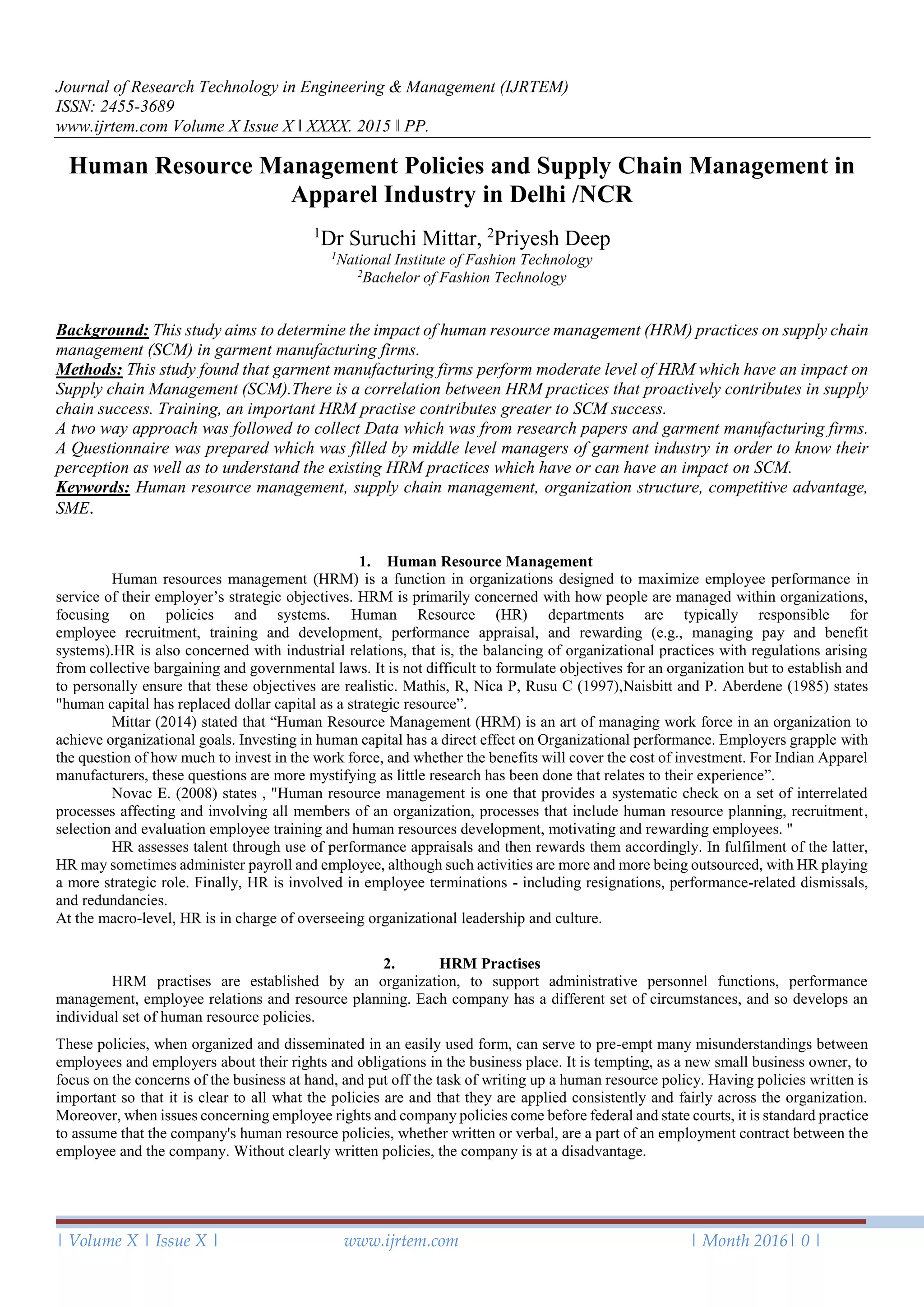 Human Resource Management Policies and Supply Chain Management in ...
