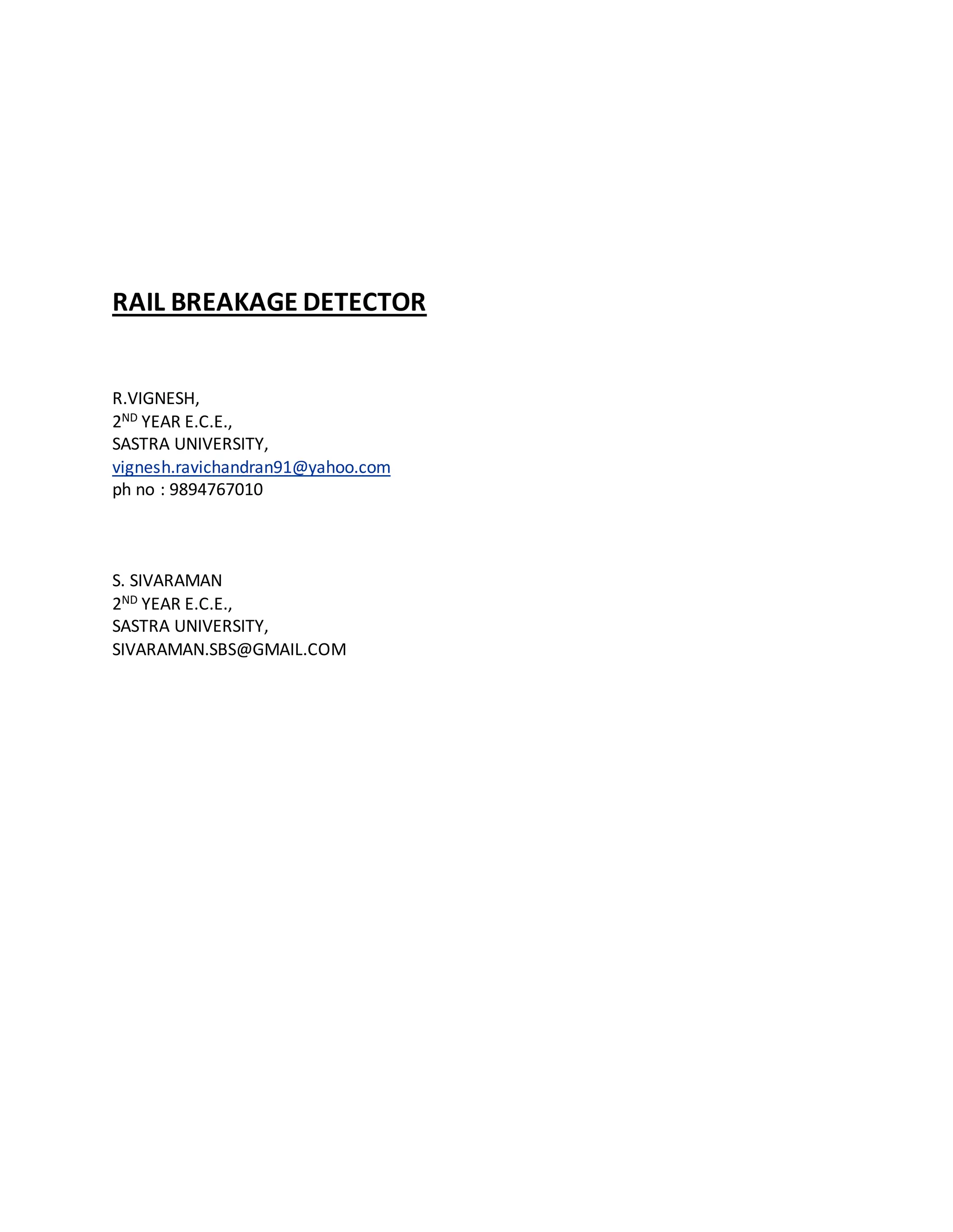 RAIL BREAKAGE DETECTOR | DOCX | Physics | Science