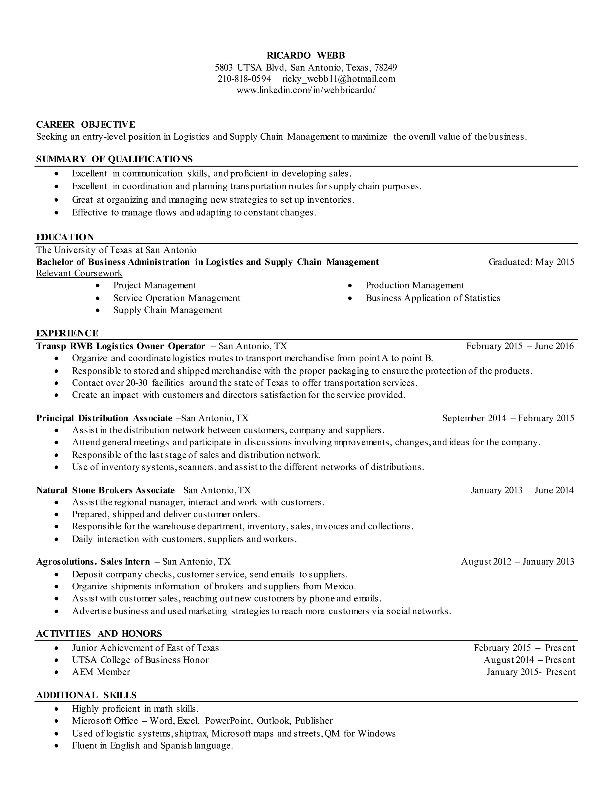 Resume Logistics and Supply Chain Management UPDATED SEP 2015 | DOCX