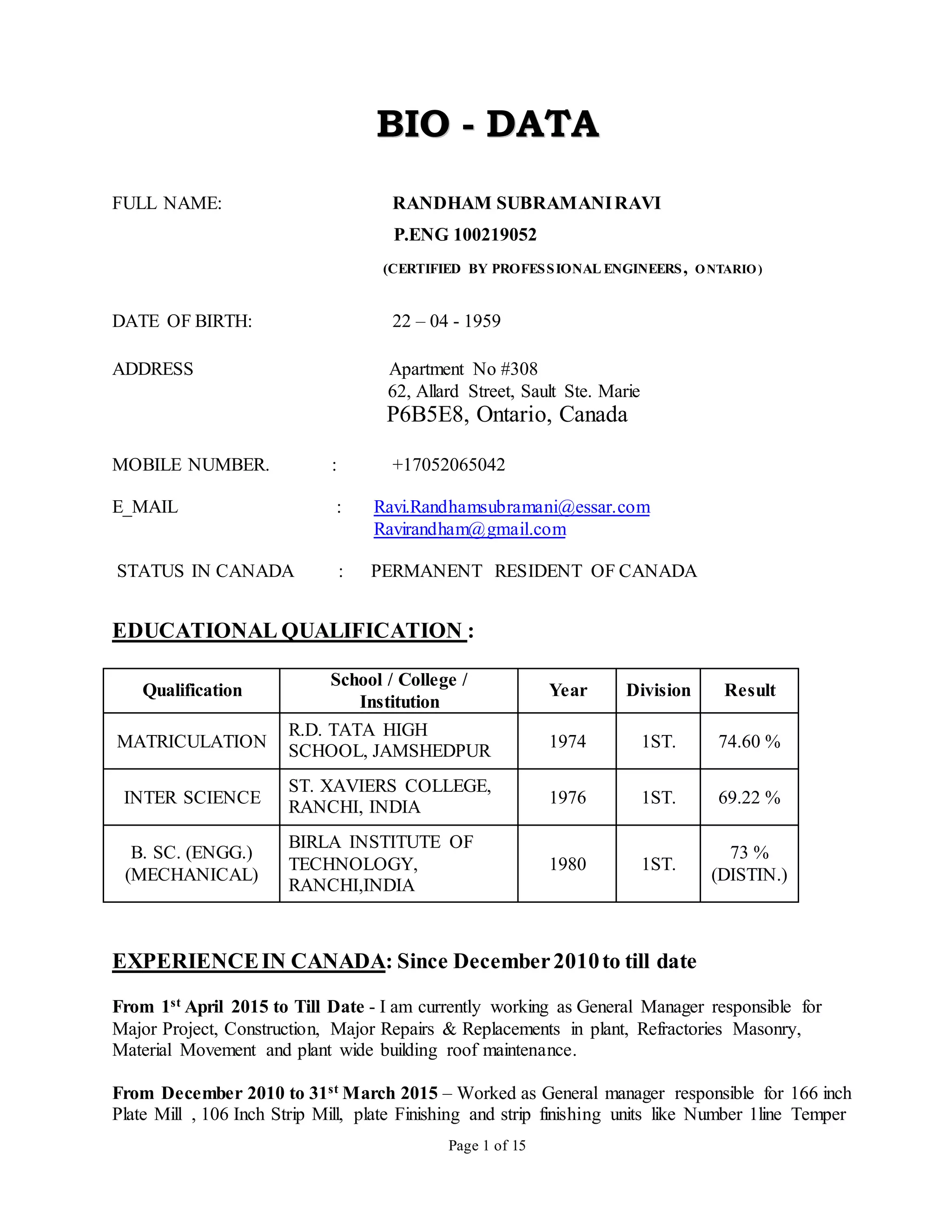 RAVI PEO RESUME OCT 2016 | PDF