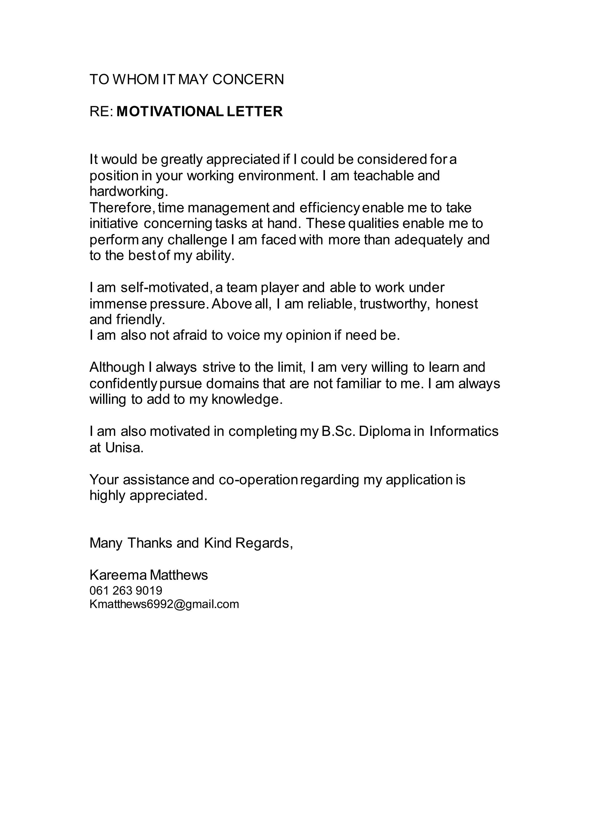 CURRICULUM VITAE - Motivational Letter | DOCX