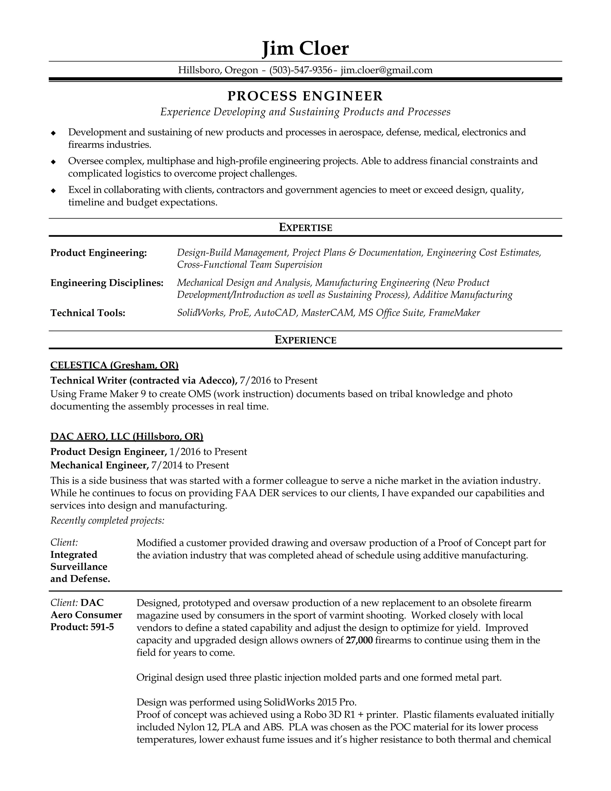 Jim Cloer Process Engineer Resume | PDF