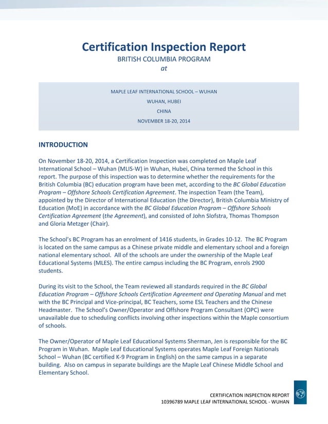 Certification Inspection Report MLIS-W | PDF