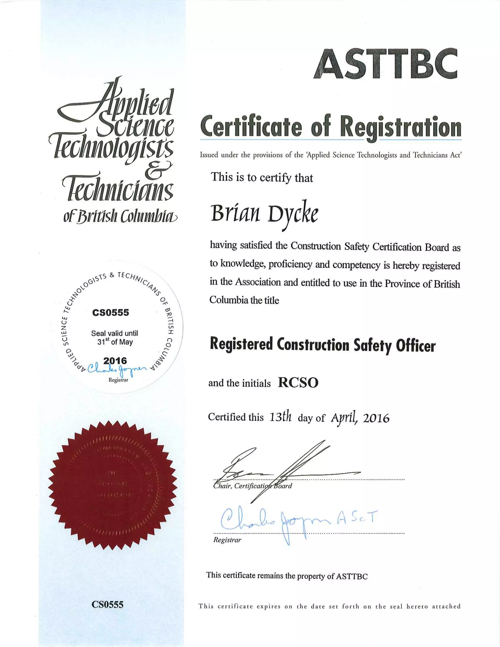 Brian Dycke RCSO Certificate- ASTTBC | PDF