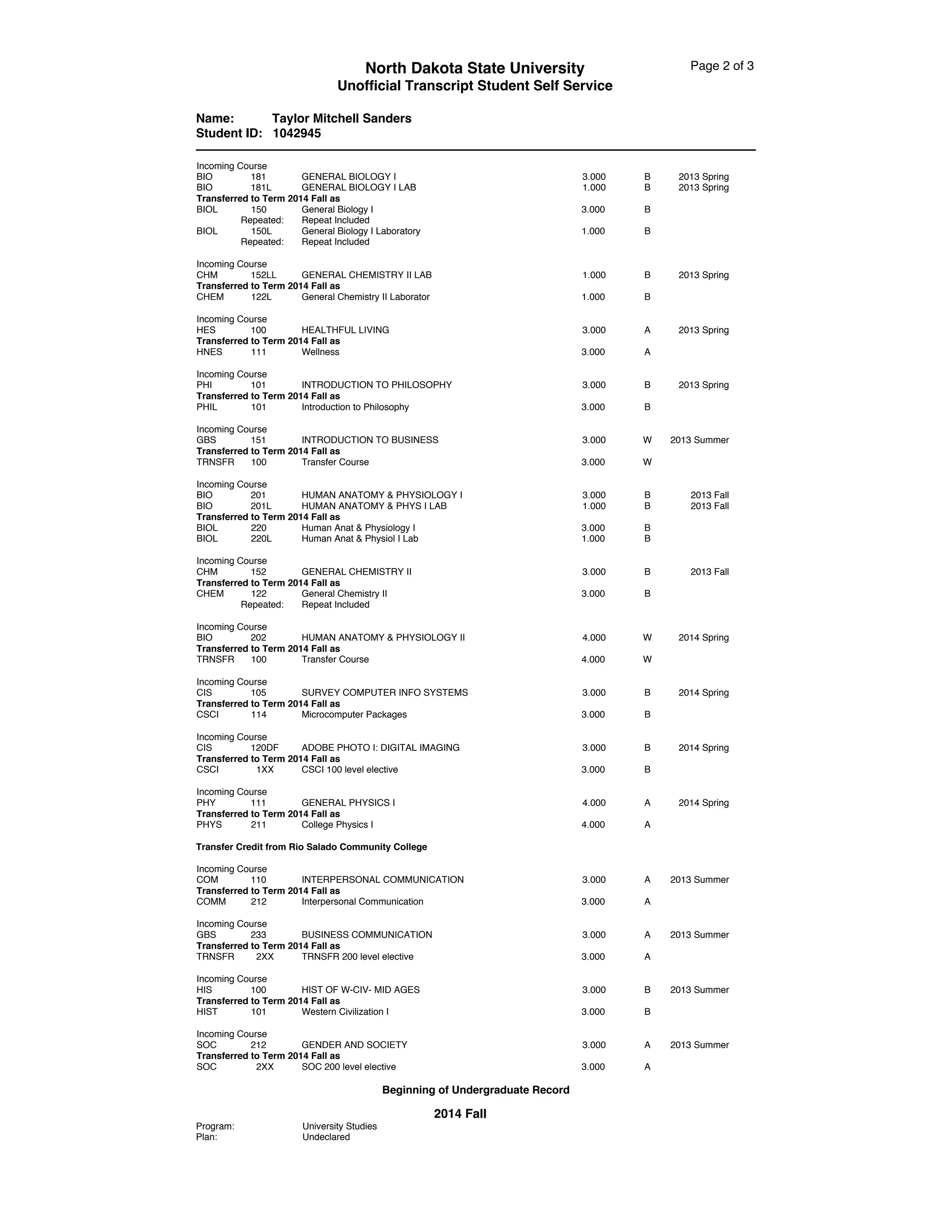 Unofficial Transcript 2015 | PDF | Undergraduate Education | College Education