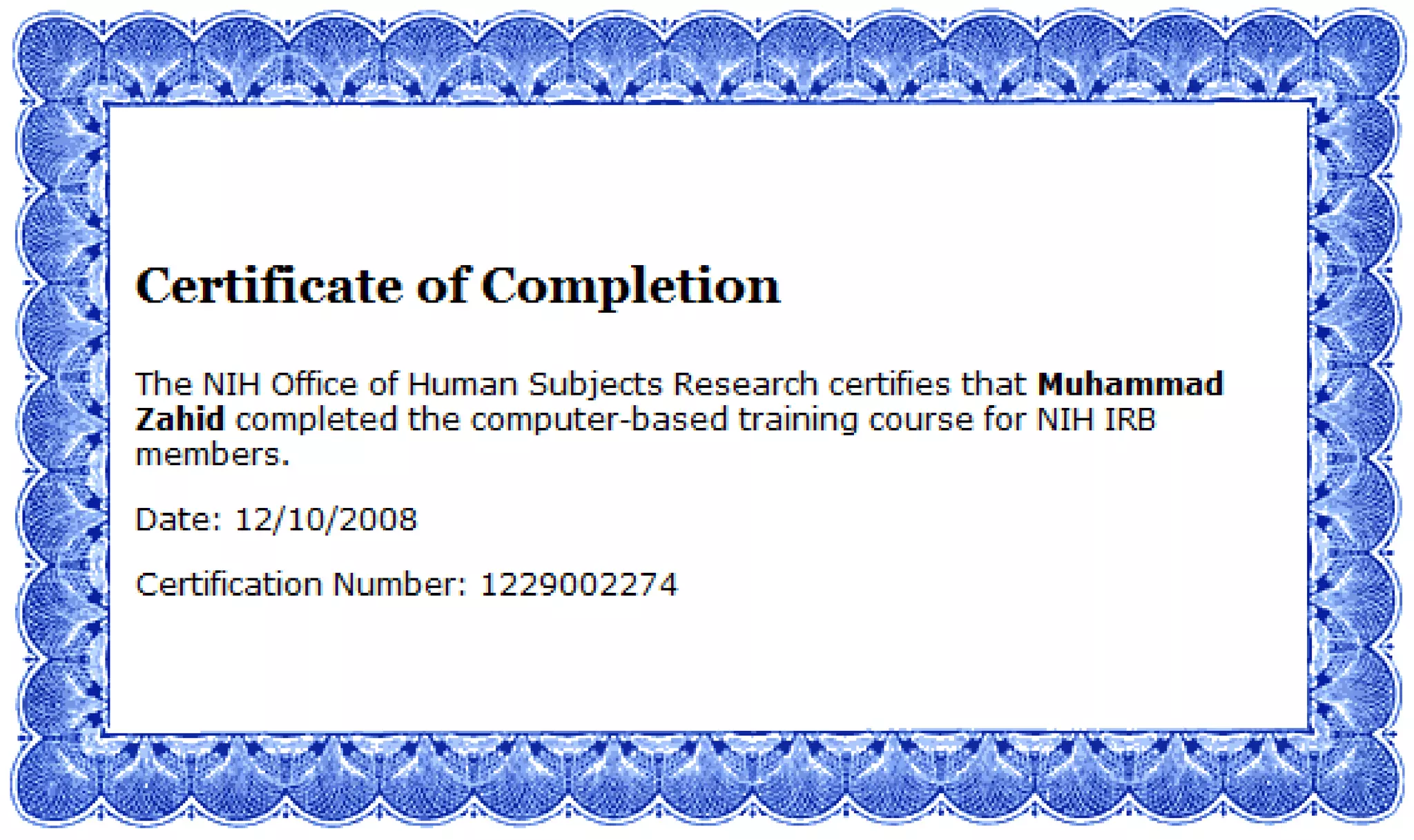 NIH IRB Certificate | PDF