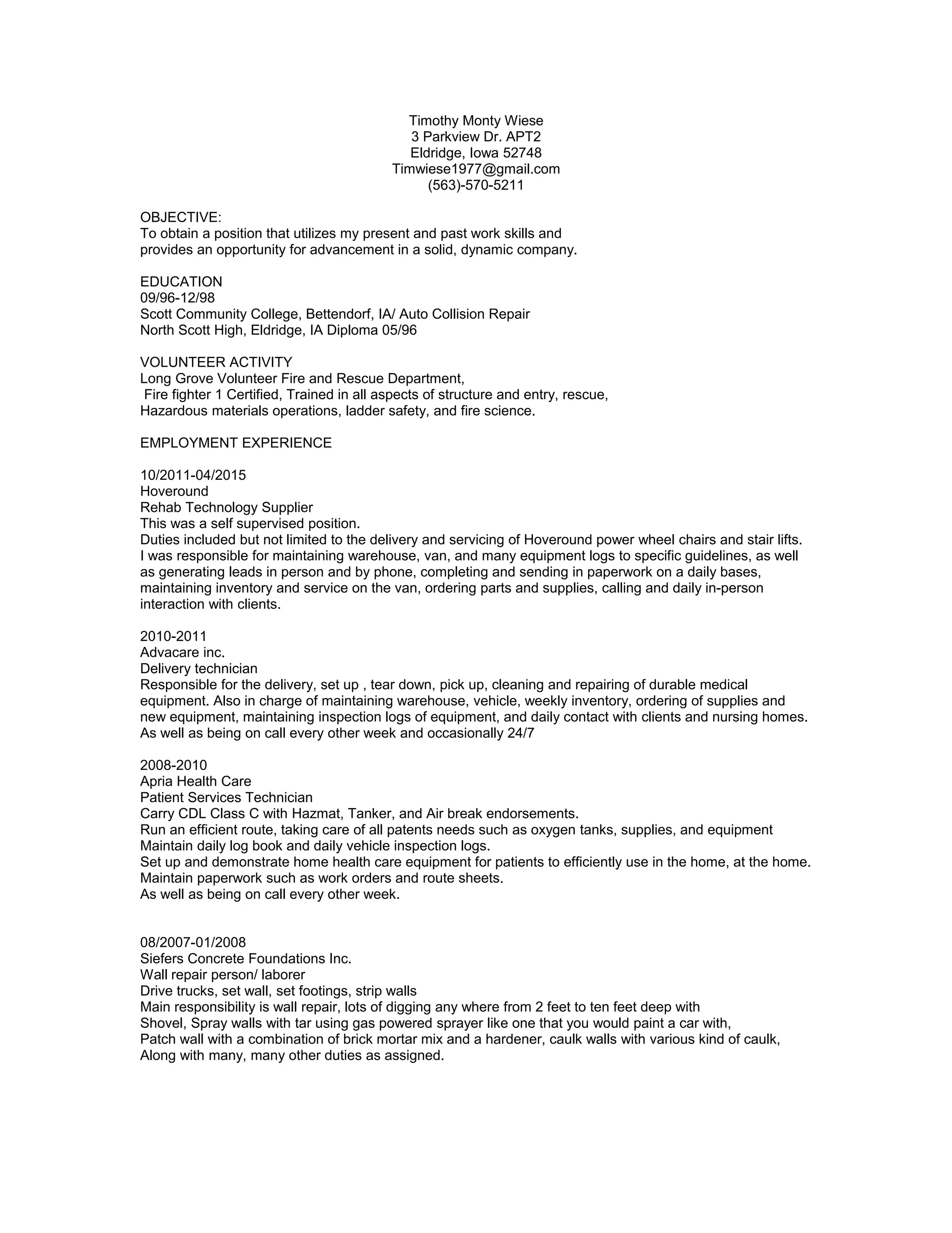 Timothy Monty Wiese resume | DOC