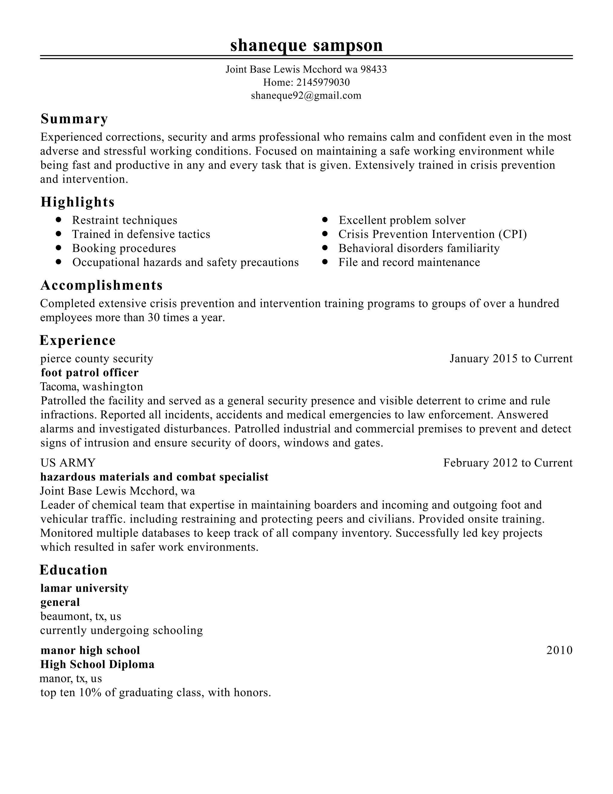 shaneque sampson Resume | PDF