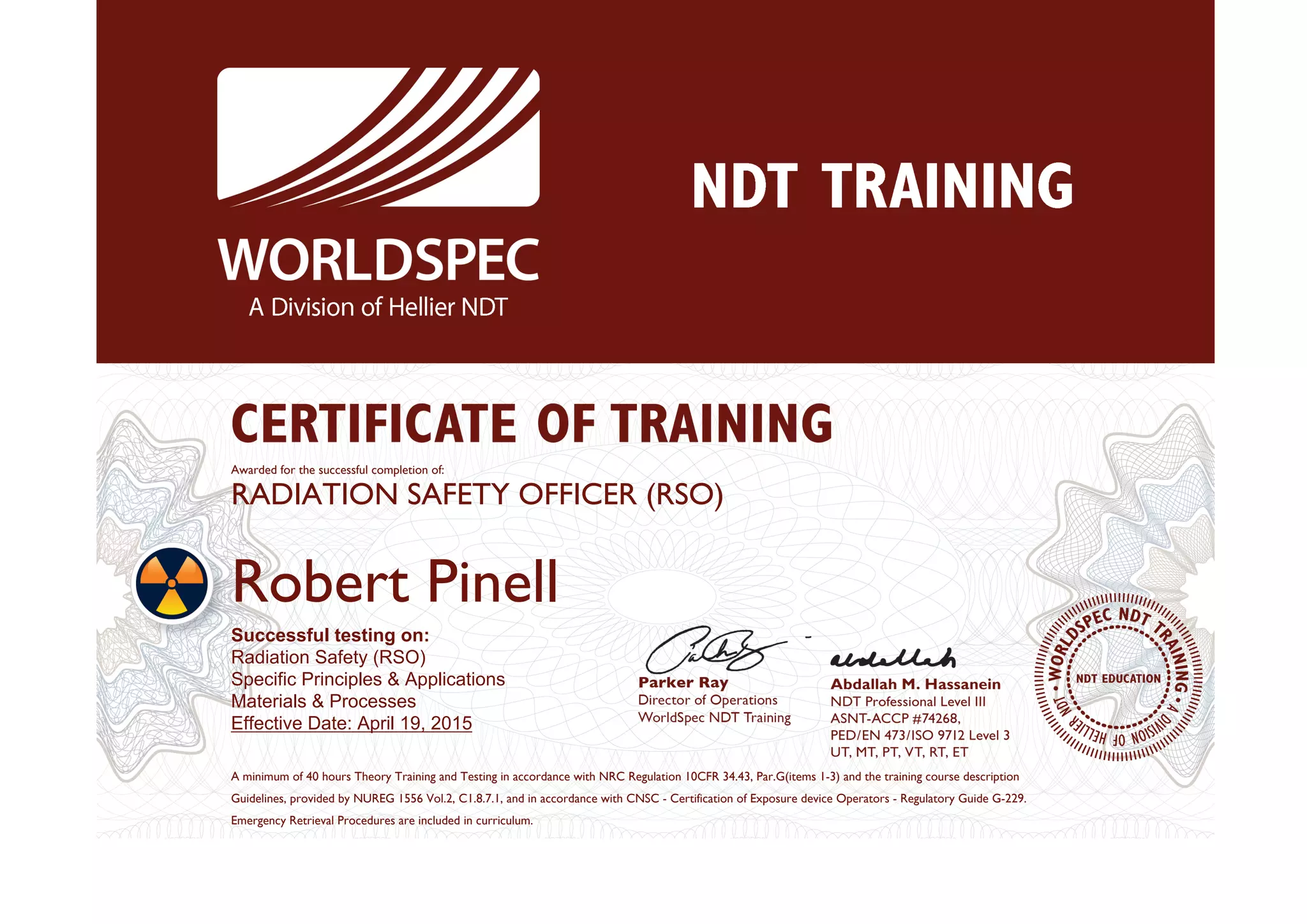 Rob Pinell - RSO Certificate WorldSpec | PDF