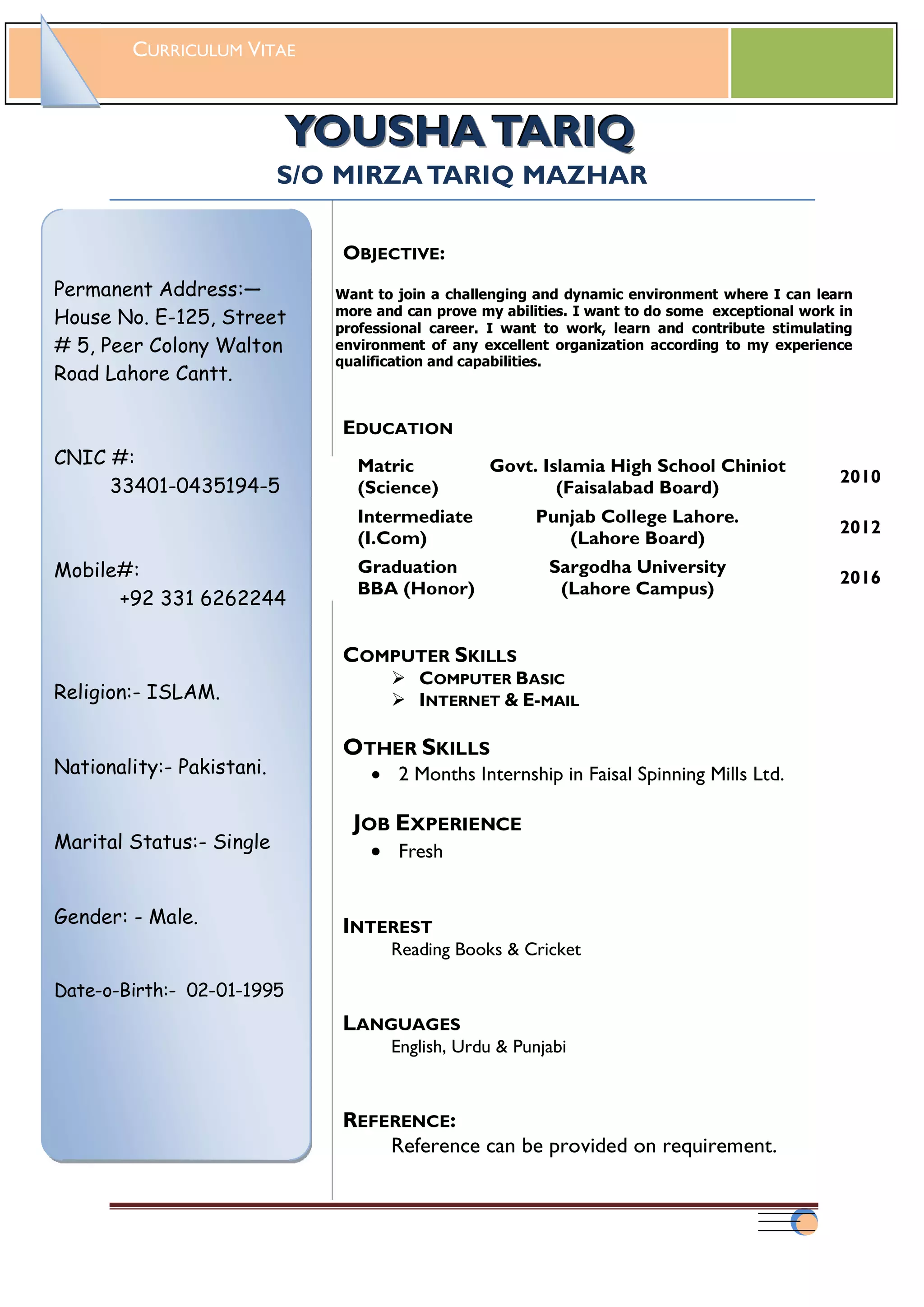 Yousha Tariq Mirza Tariq Mazhar cv | PDF