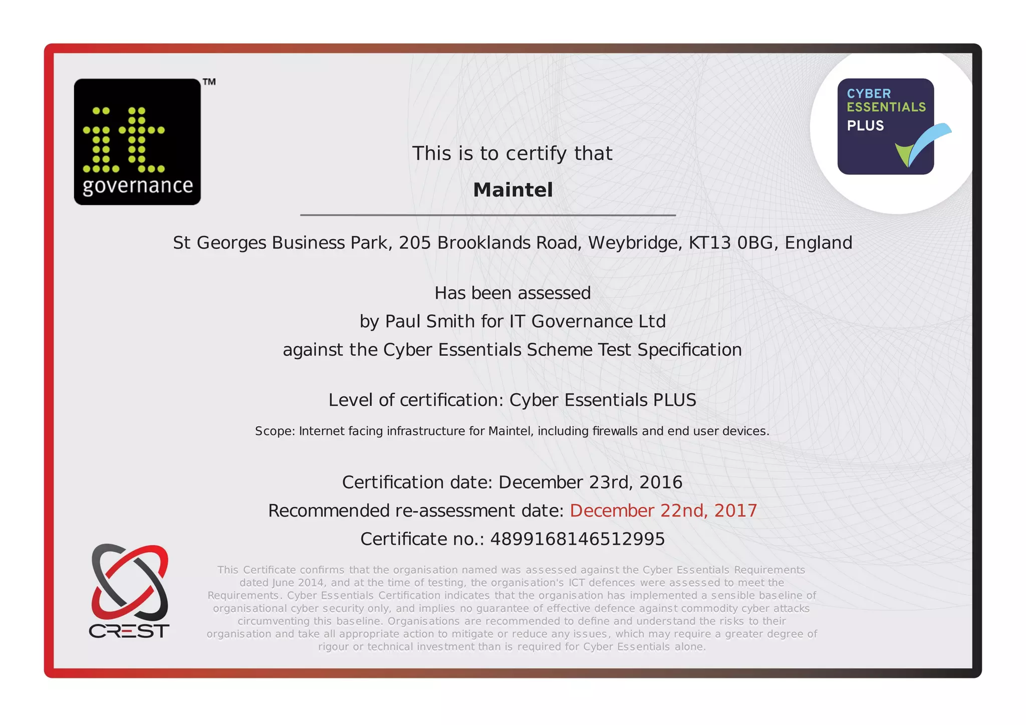 Cyber Security Essentials Plus Certificate 2016-12-23 | PPT