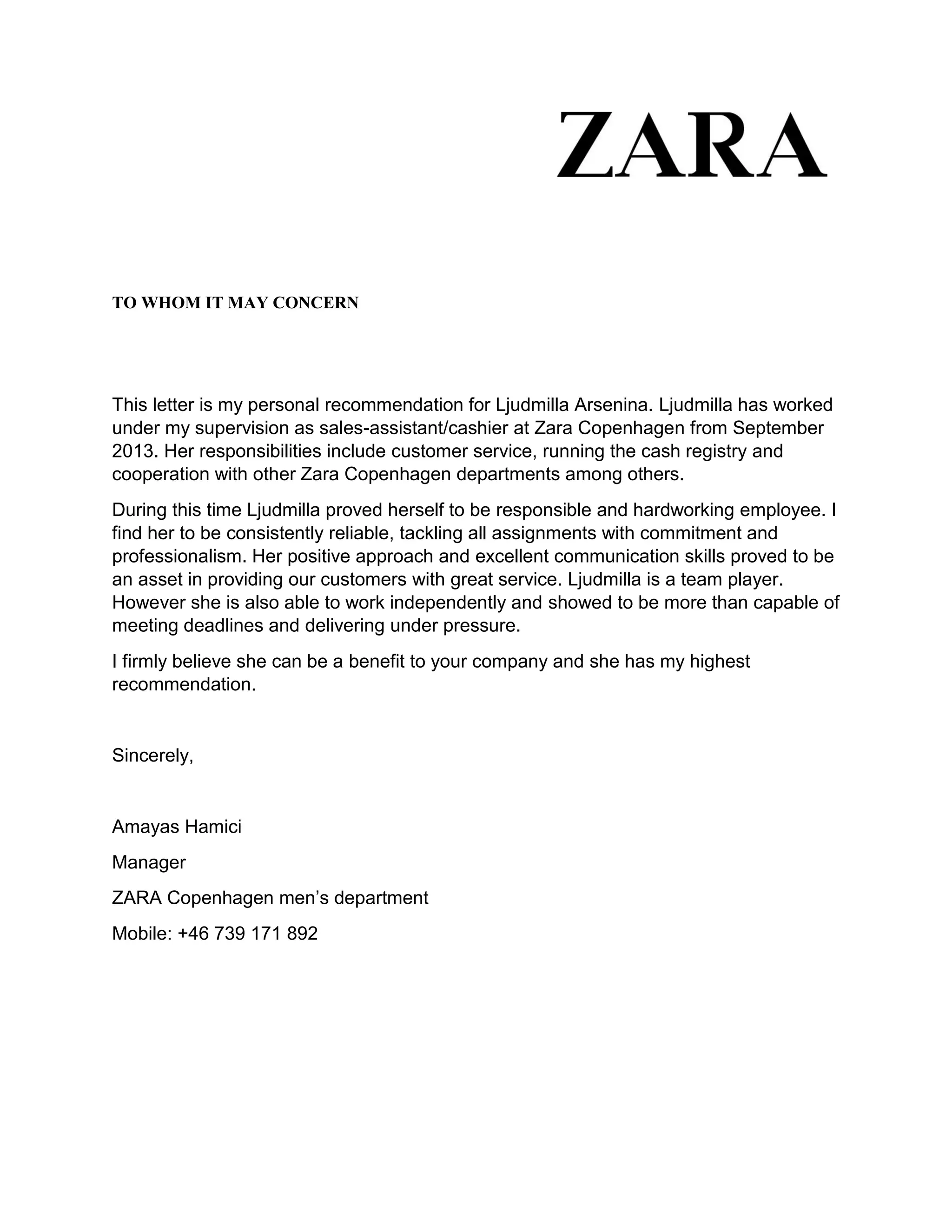 ZARA Recommendation | PDF