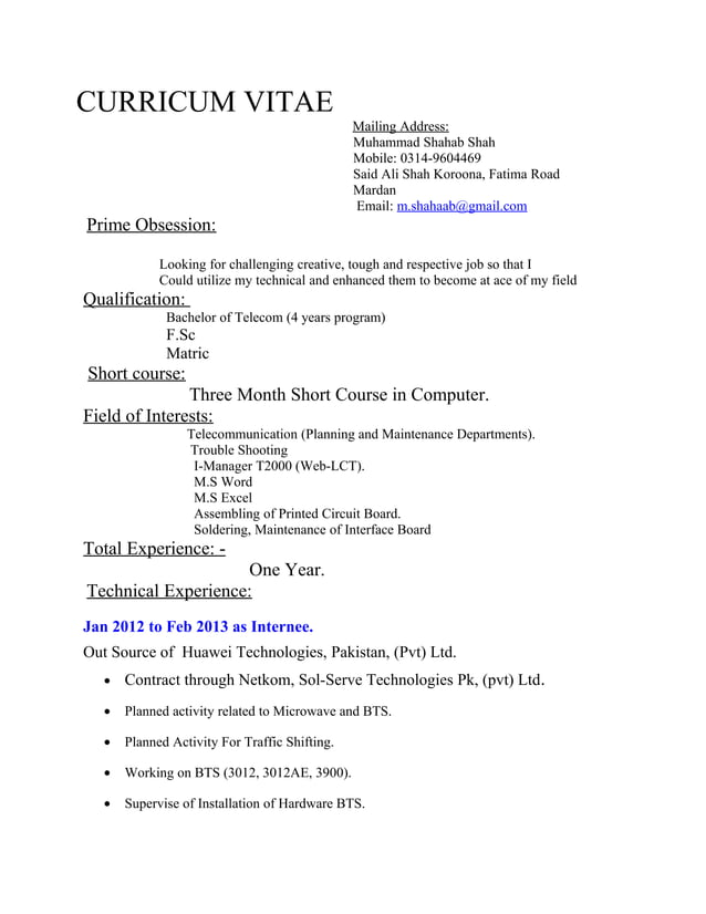 Muhammad Shahab Shah CV | DOC