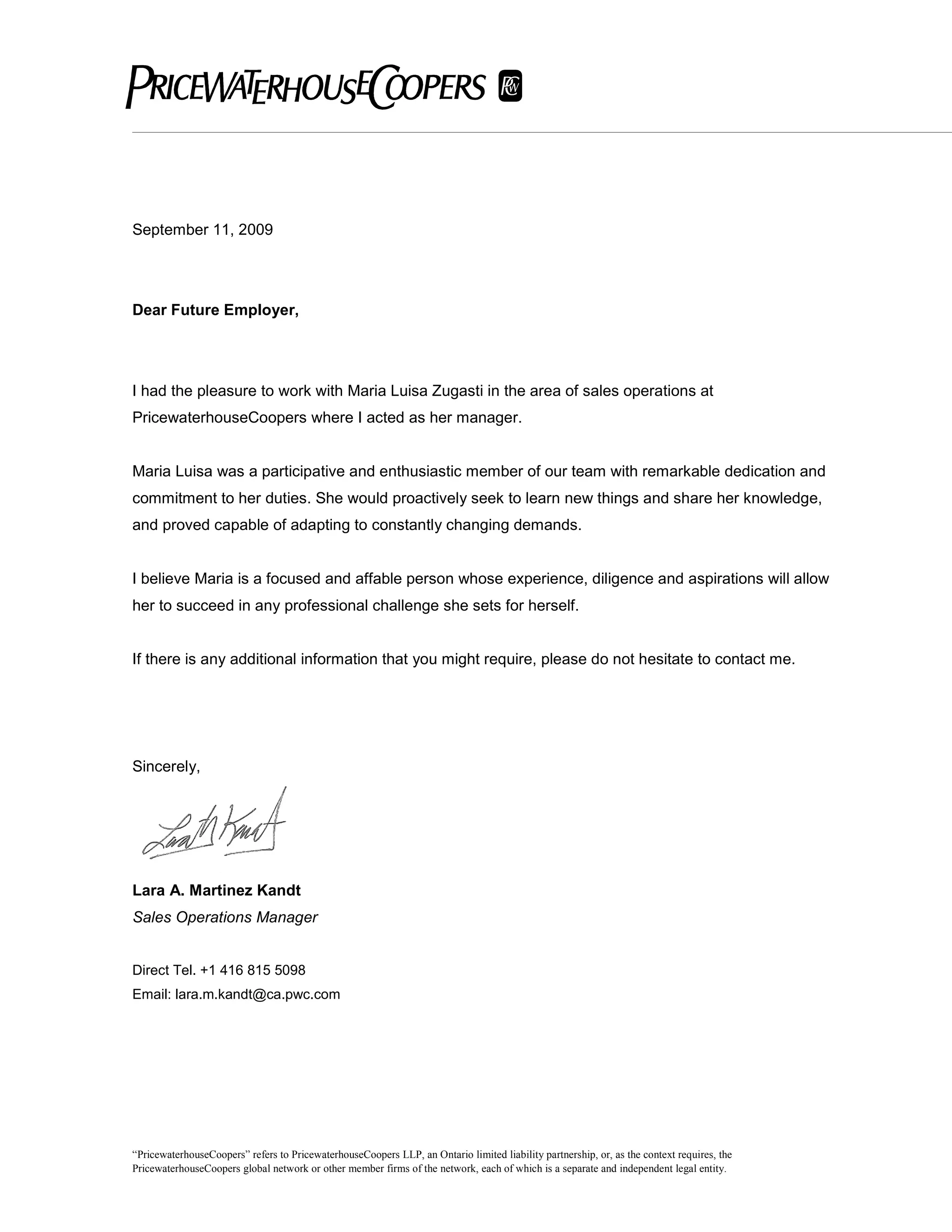 Reference Letter PricewaterhouseCoopers - Zugasti | PDF