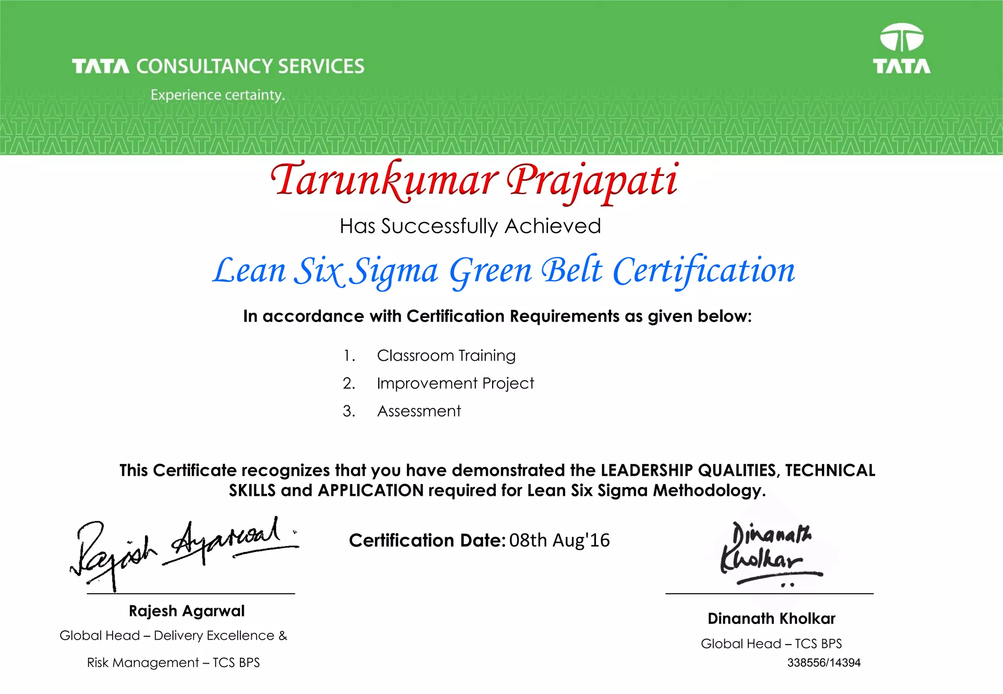 Tarunkumar_LSS Green Belt Certificate | PPT