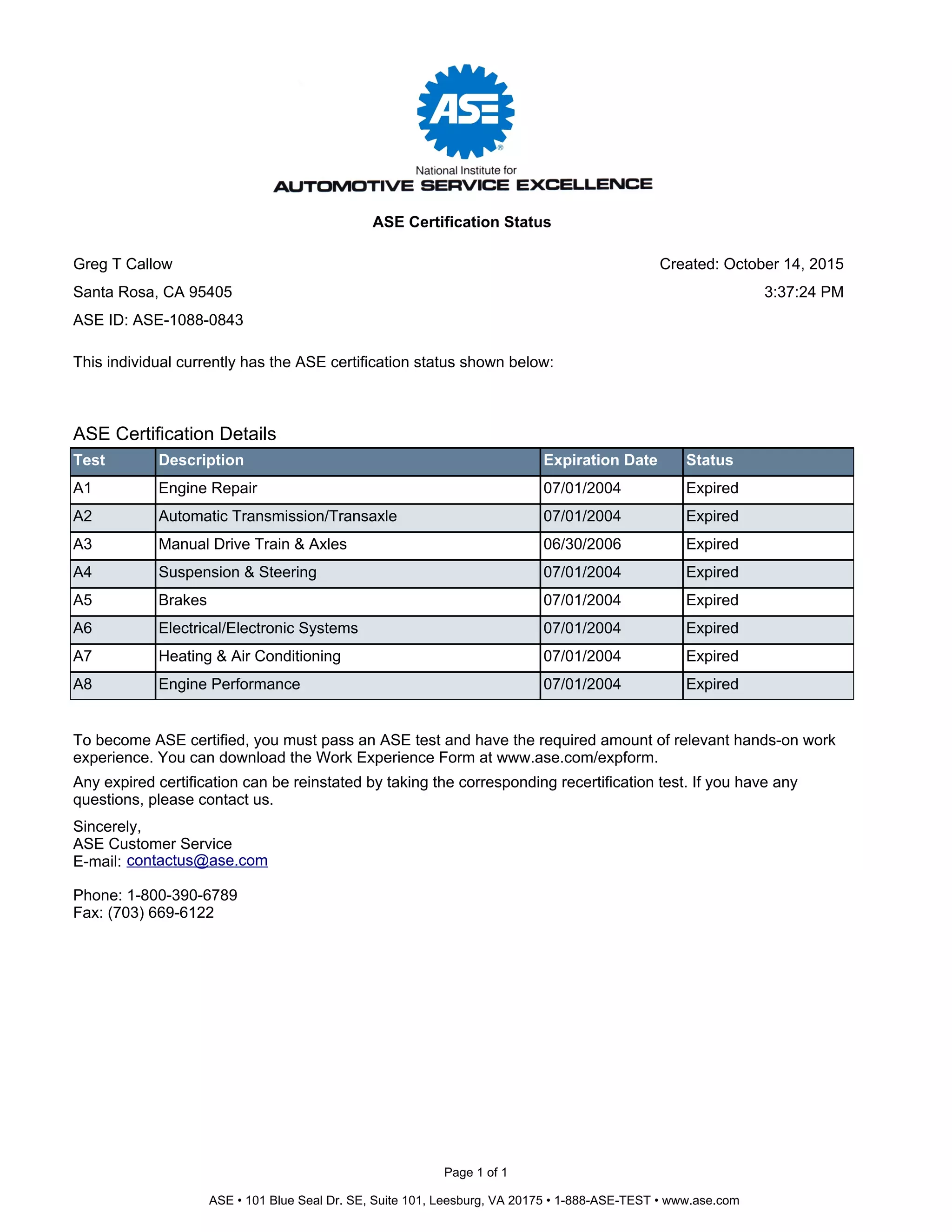 ASE_Certification_Status_Greg_Callow | PDF | Free Download