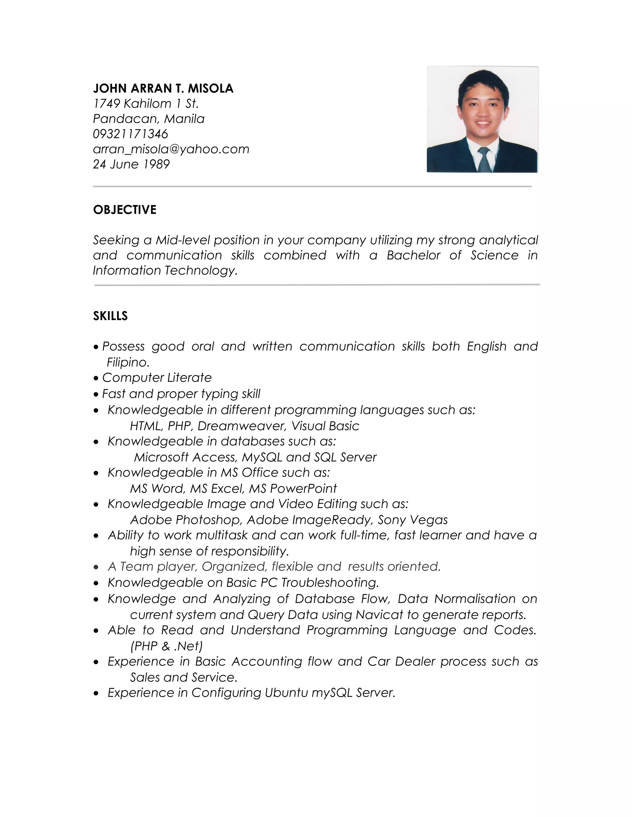 John Arran Misola Resume | PDF